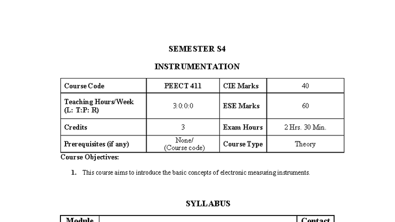 SEMESTER S4 INSTRUMENTATION PEECT 411 Course Overview and Syllabus ...