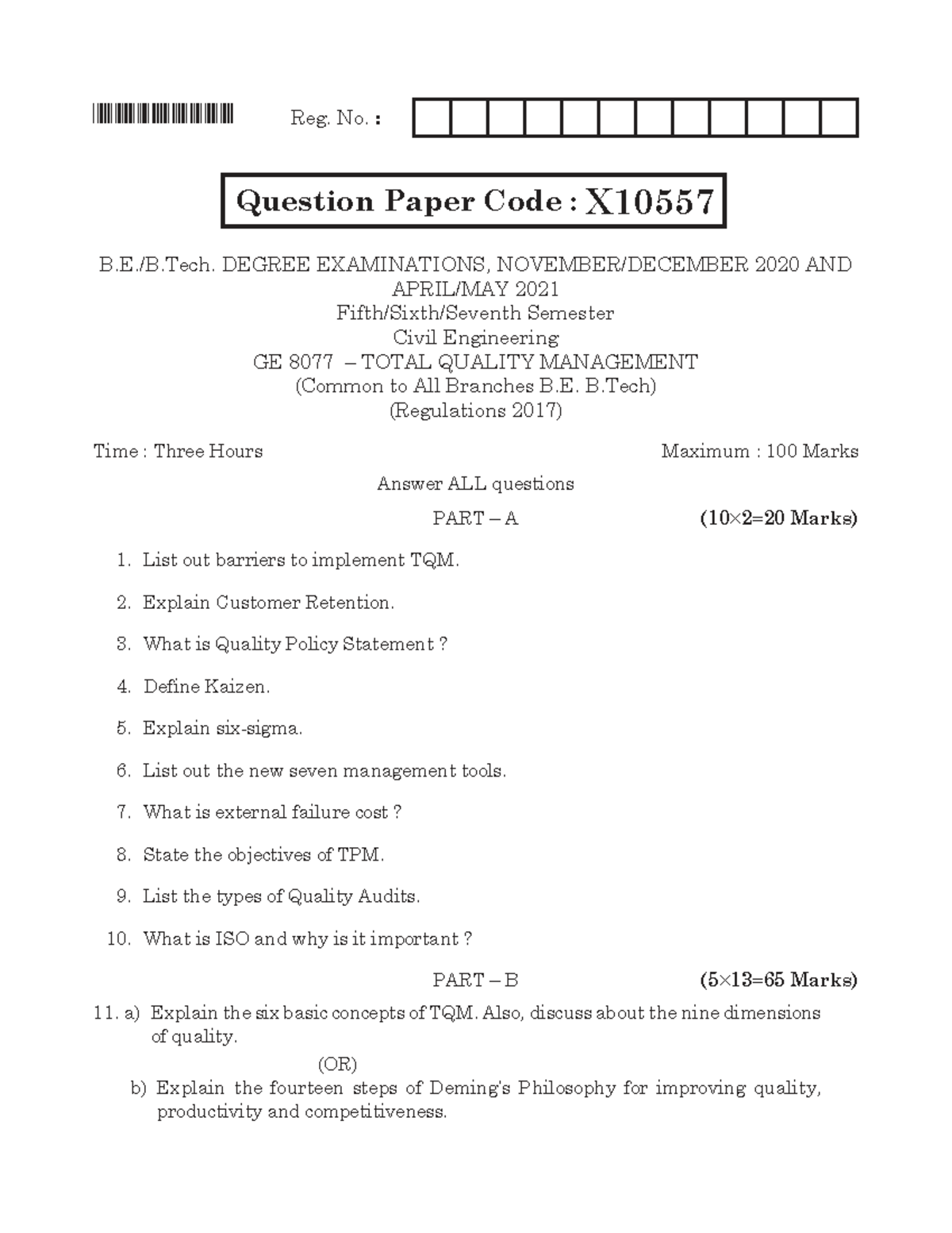 Total Quality Management - GE8077 2021 Exam Question Paper - Studocu