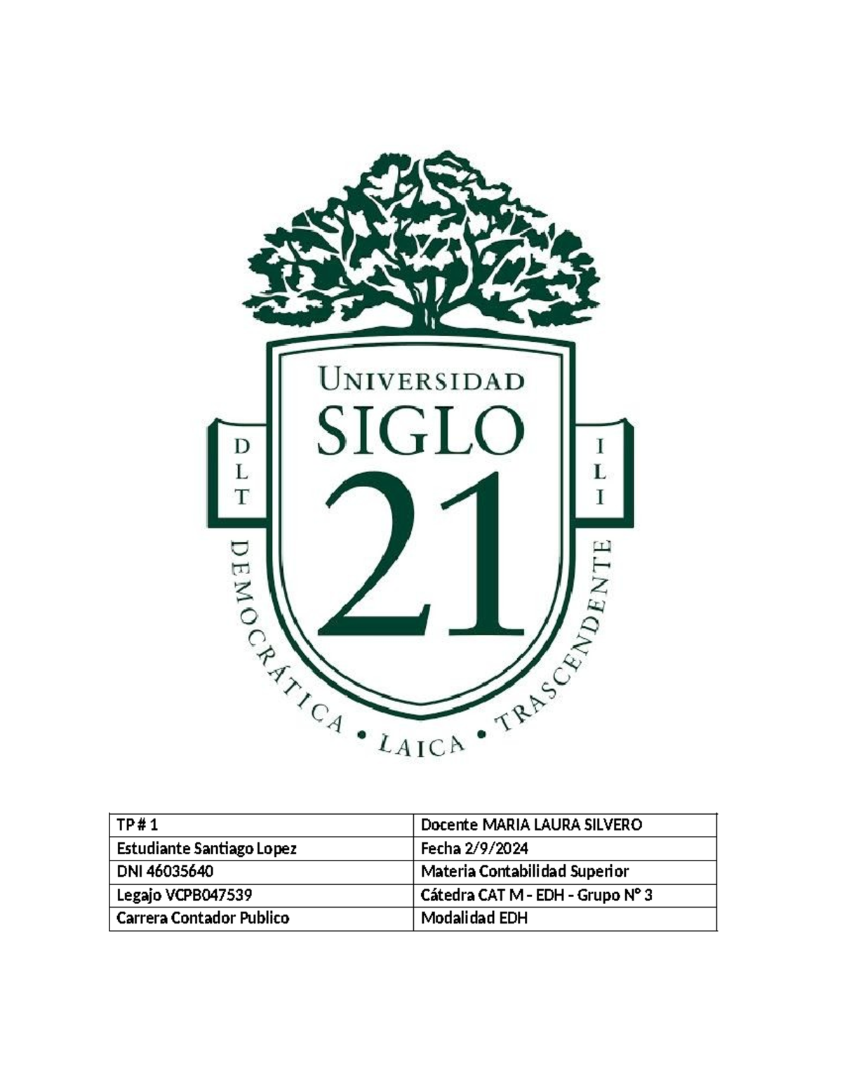 TP1 - Cuadro entregable - TP # 1 Docente MARIA LAURA SILVERO Estudiante Santiago Lopez Fecha 2/9 ...