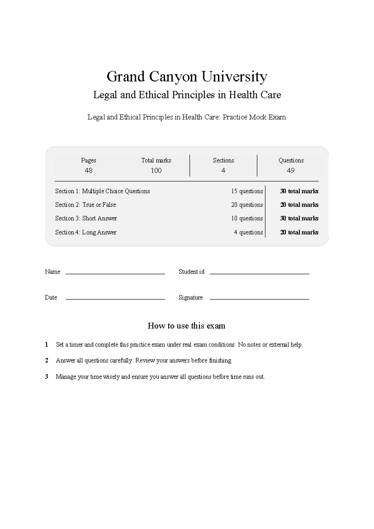GCU LEG 450 Legal & Ethical Principles in Health Care: Practice Mock ...