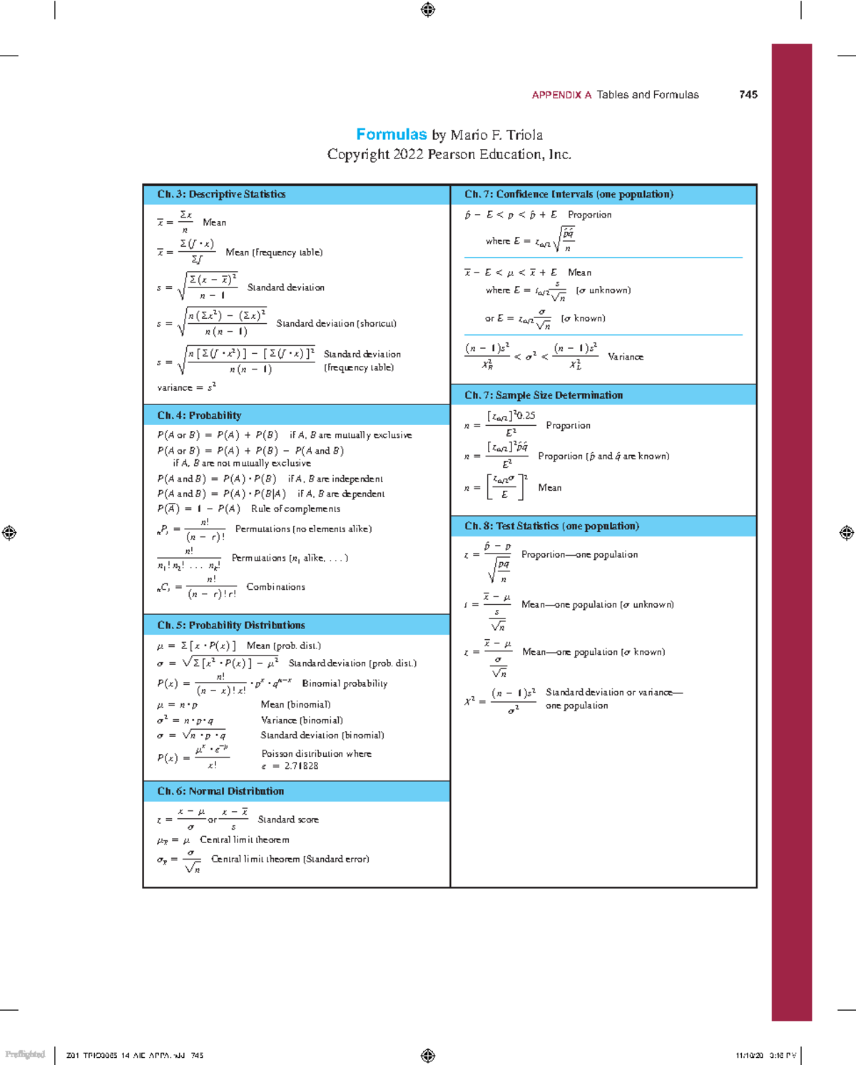 Triola's Formulas & Tables for Stats Ch. 3-12 Summary - Studocu