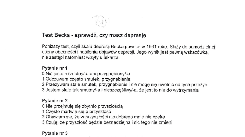 BDI Test: Skala Depresji Becka - Samoocena Objawów - Studocu