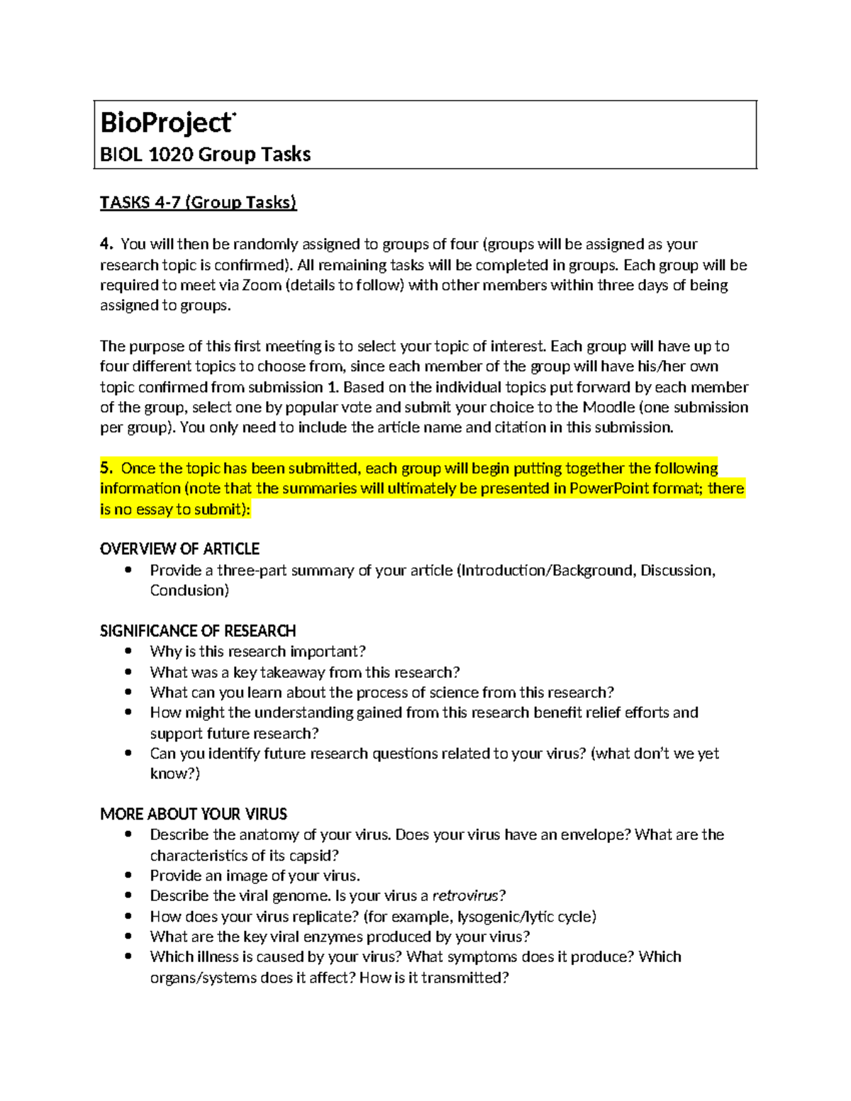 BIOL 1020 Group Project Tasks: Virus Research Overview - Studocu