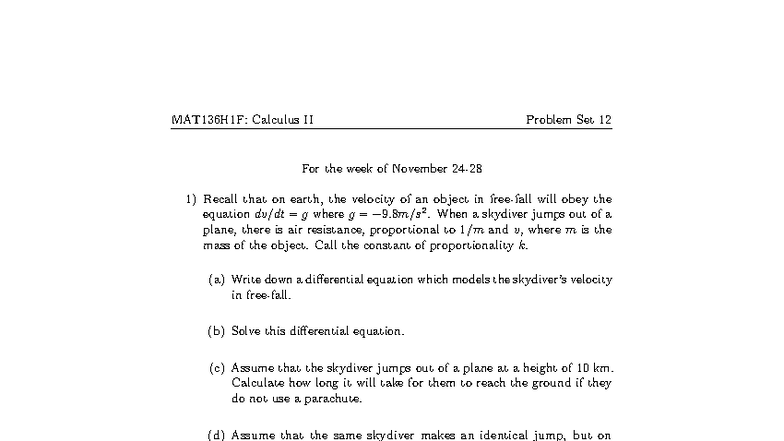 MAT136H1F: Calculus II Problem Set 12 Solutions and Analysis - Studocu