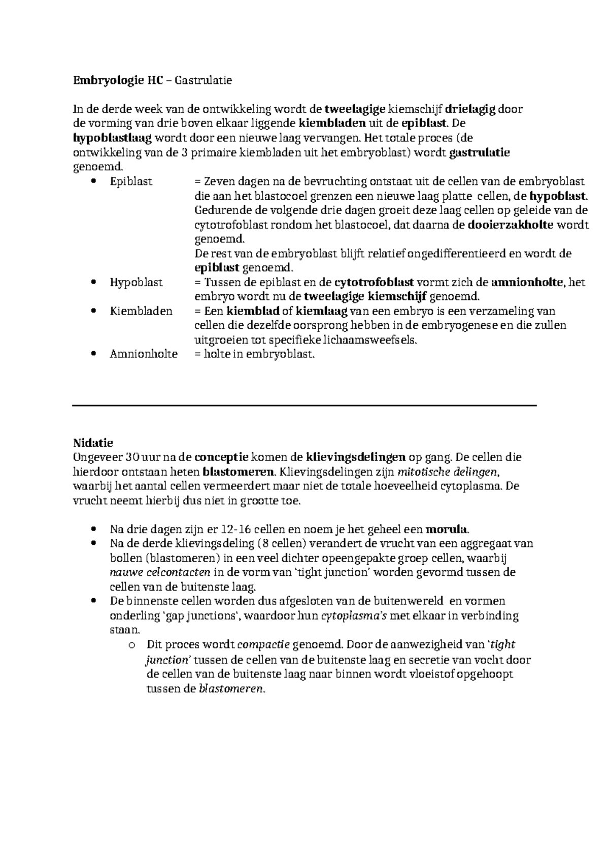 Embryologie HC - Gastrulatie en Nidatie Proces Overzicht - Studeersnel