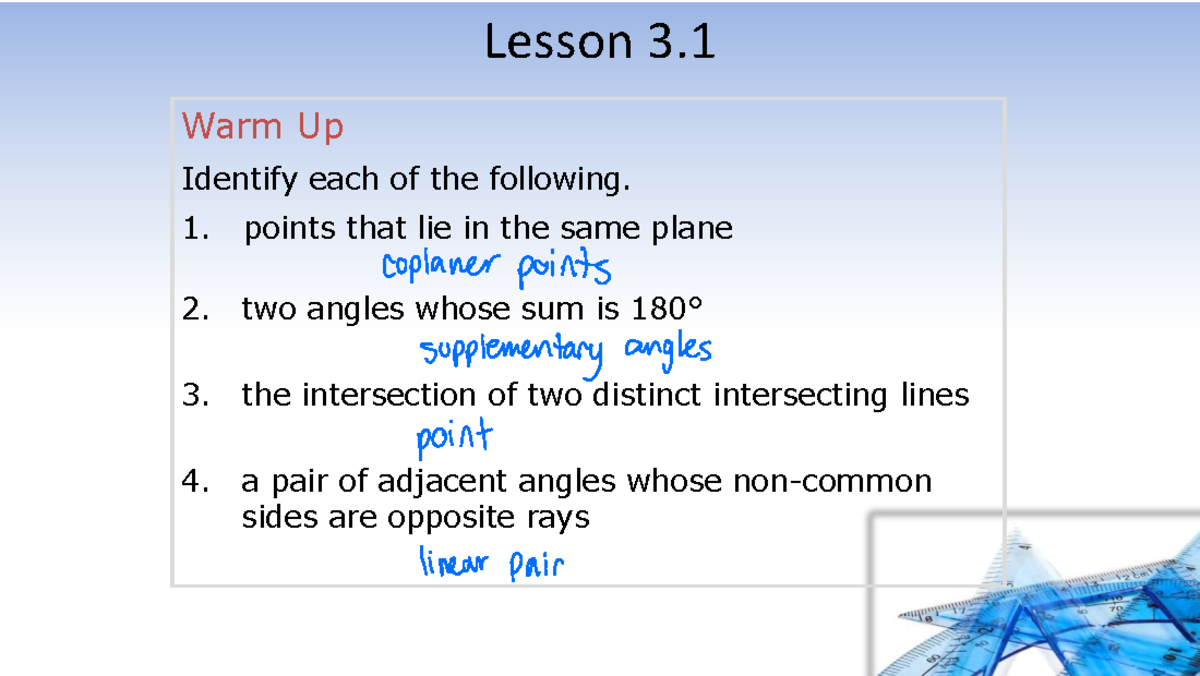 Geometry Lesson 3.1: Angle Relationships & Transversals Notes - Studocu