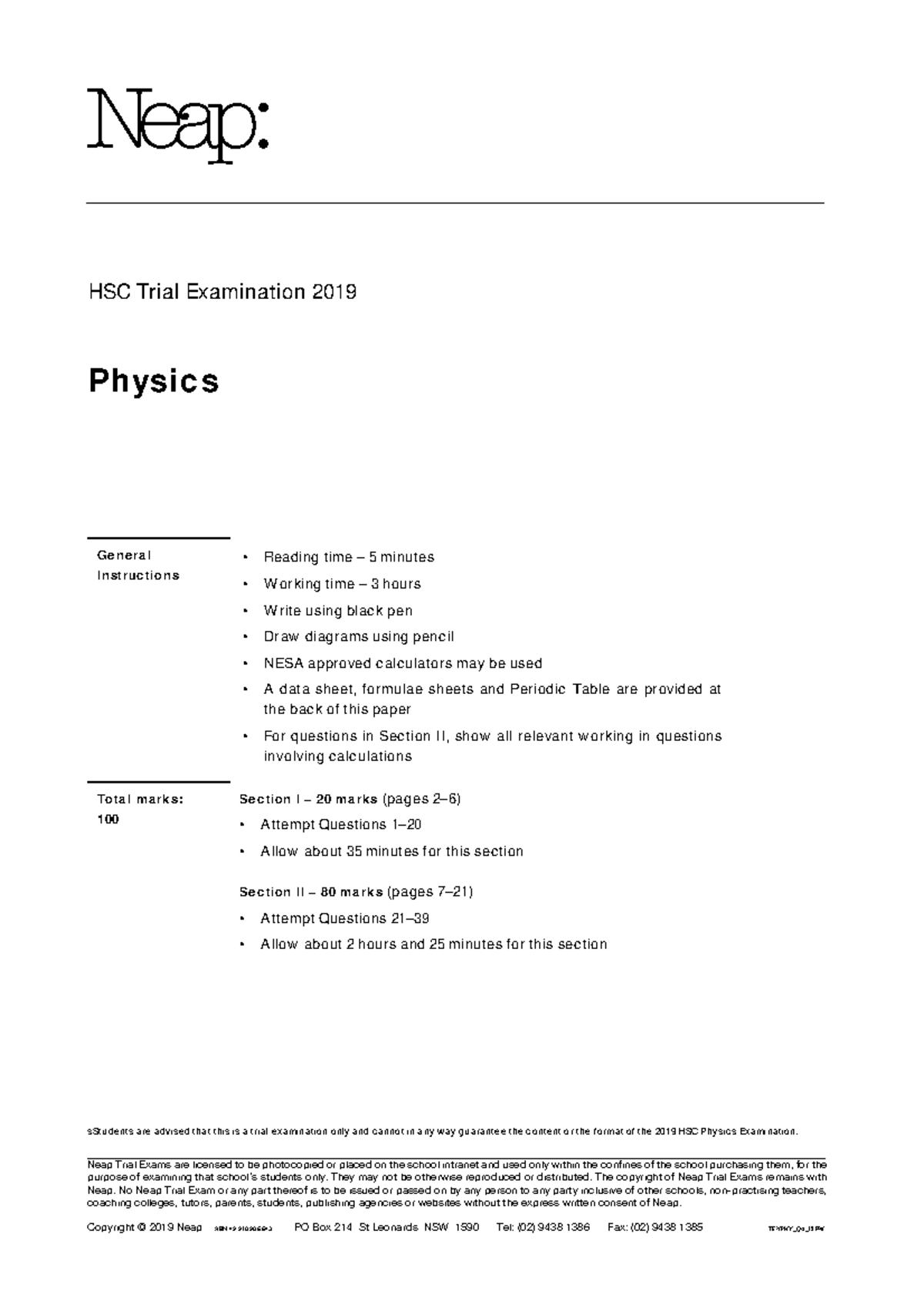 2019 HSC Physics Trial Examination Guidelines and Questions - Studocu