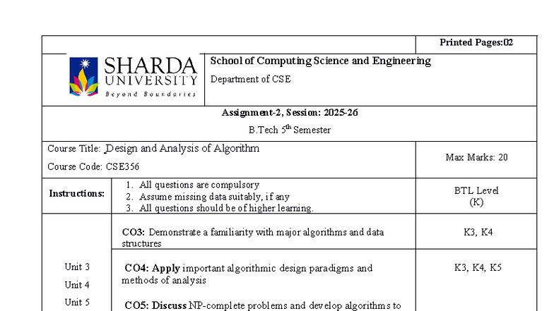 CSE356 Design and Analysis of Algorithms Assignment 2 - Studocu