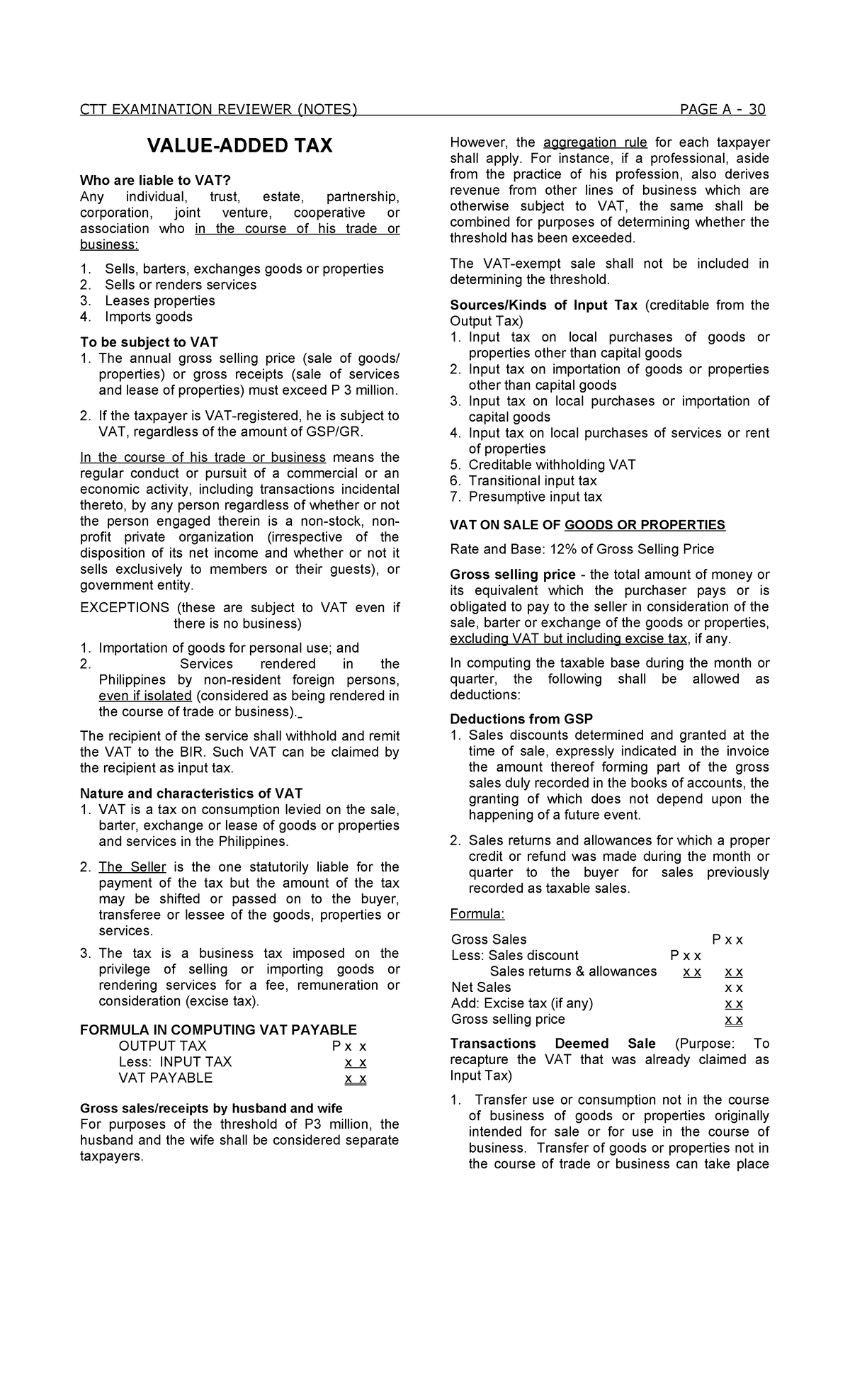 CTT EXAMINATION REVIEWER (NOTES) ON VAT LIABILITY AND COMPUTATION - Studocu