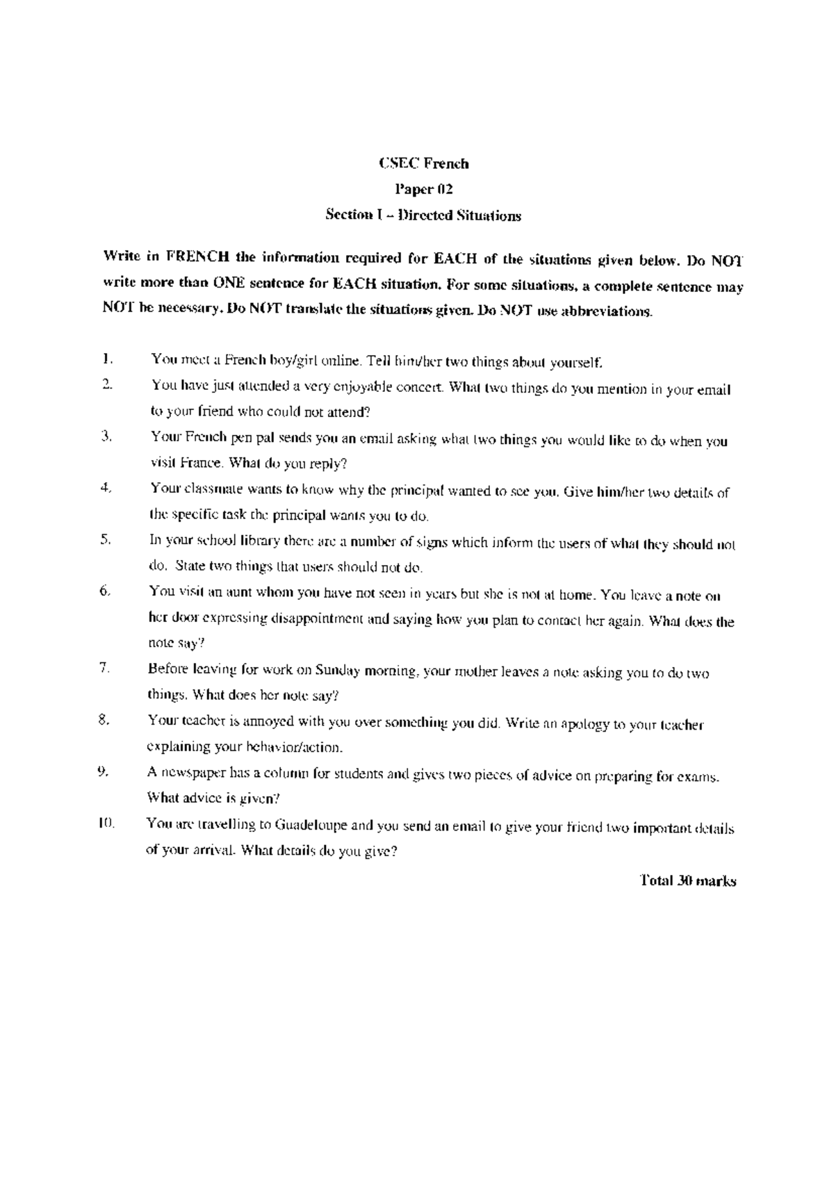 CSEC 2011 French Paper 2 Section I: Directed Situations Responses - Studocu
