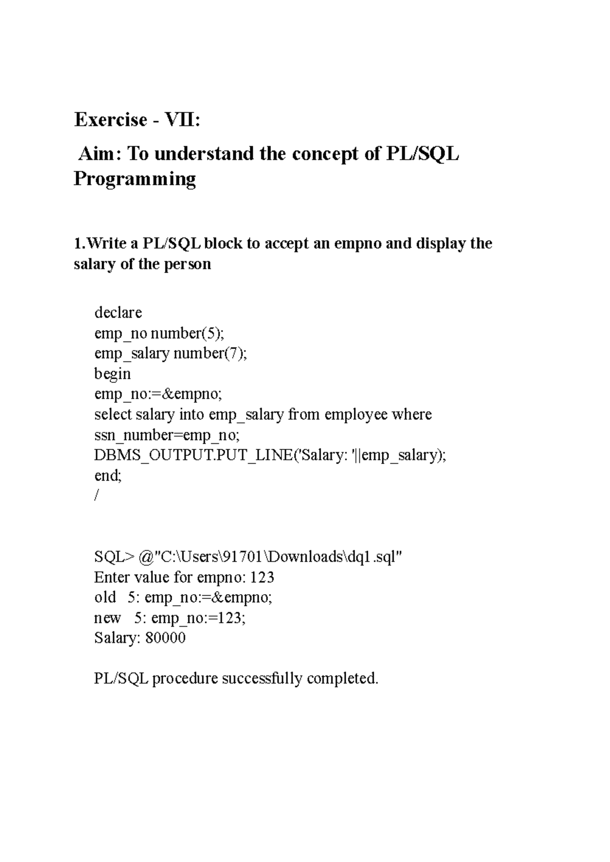 DBMS DA4 - PL/SQL Concepts and Sample Programs Overview - Studocu