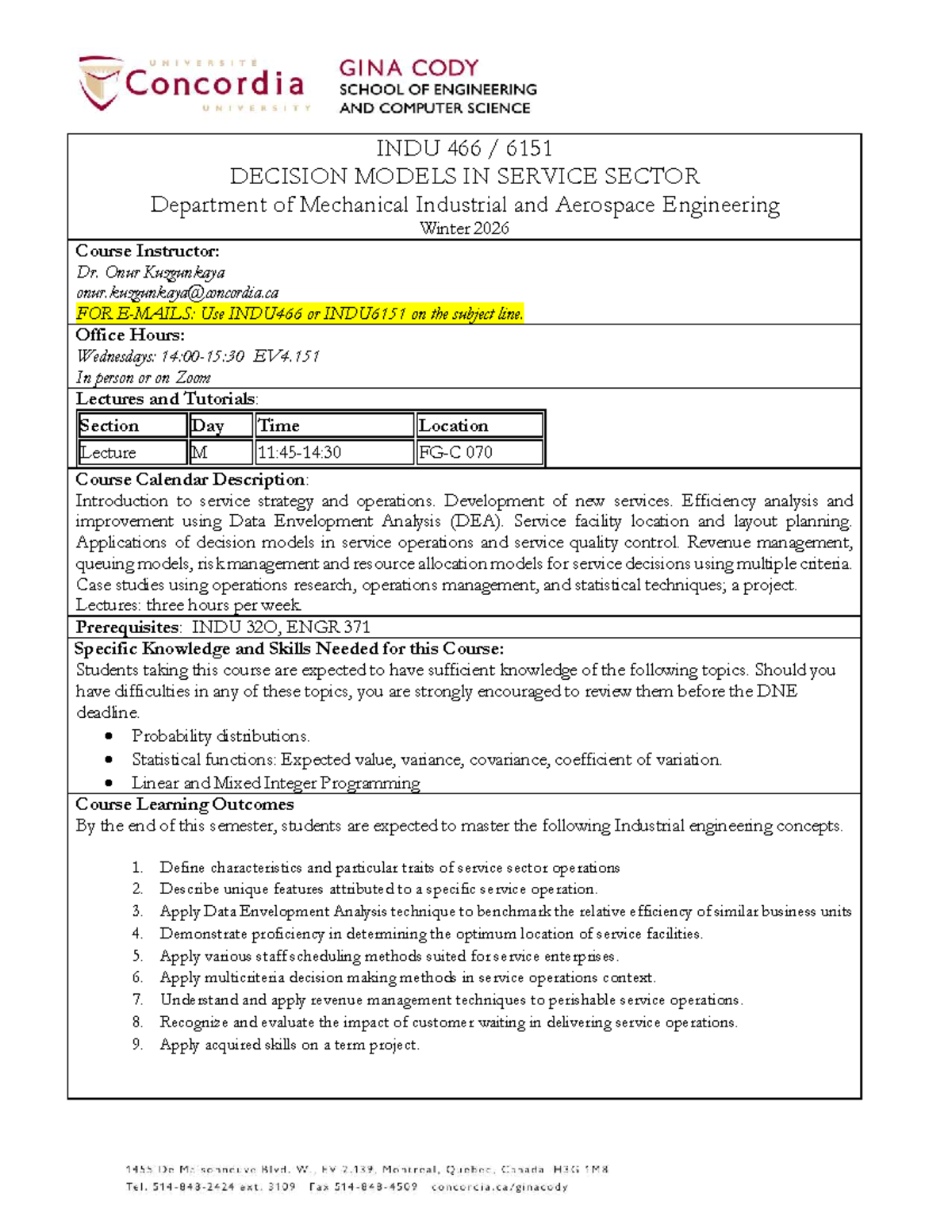 INDU 466 6151 Winter 2026 Service Decision Models Course Outline - Studocu