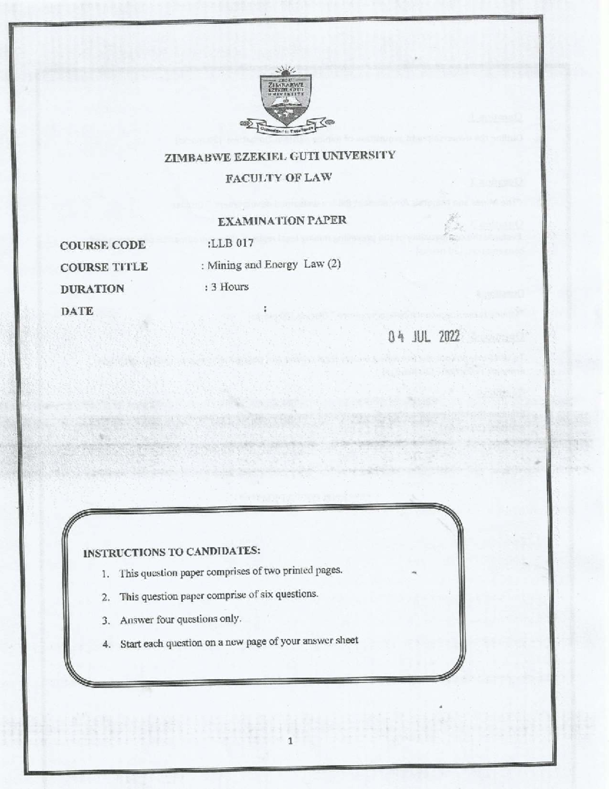 LLB 017 Final Exam: Mining and Energy Law Paper - Studocu