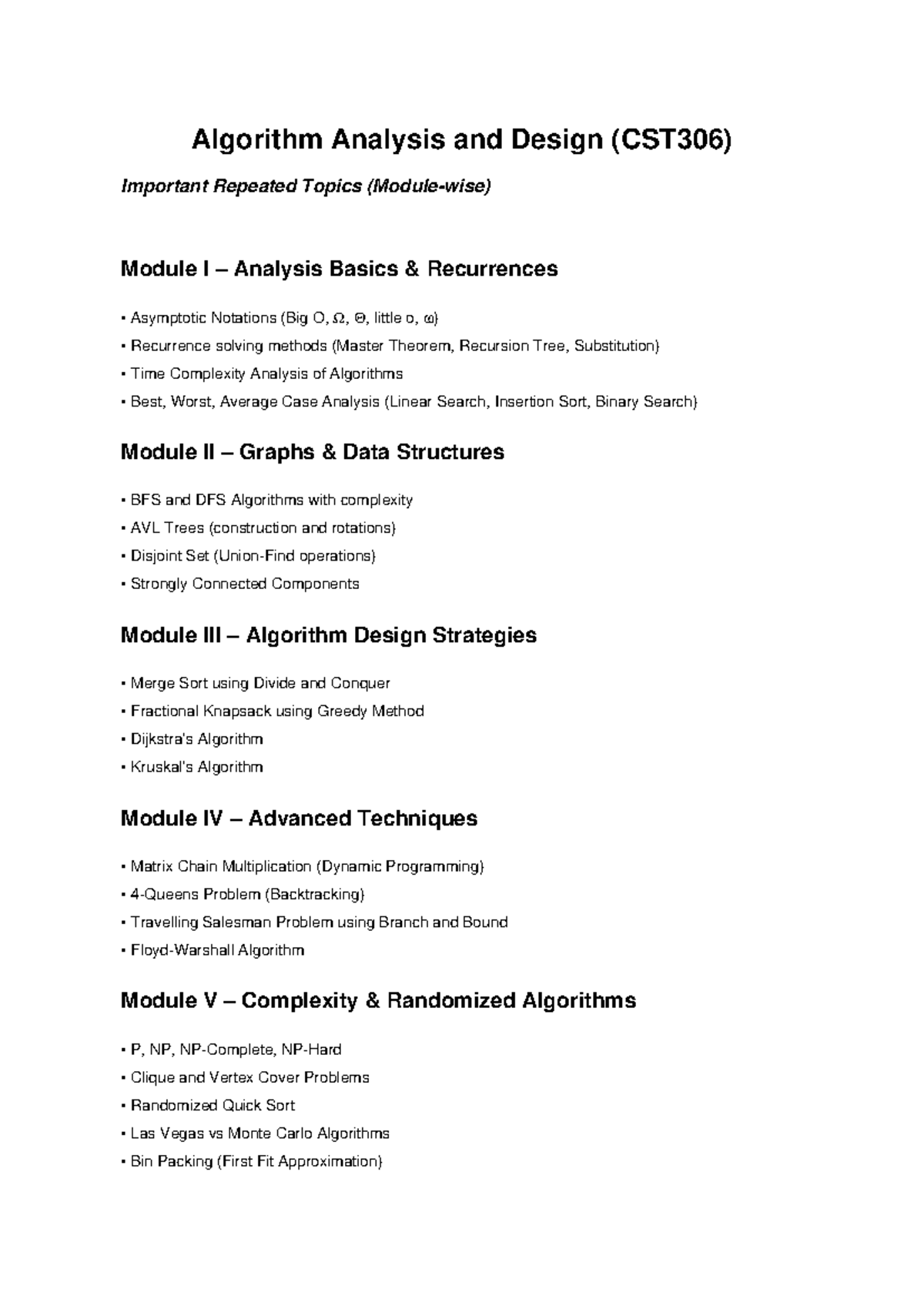 ADA (CST306) Important Topics: Key Concepts & Techniques - Studocu