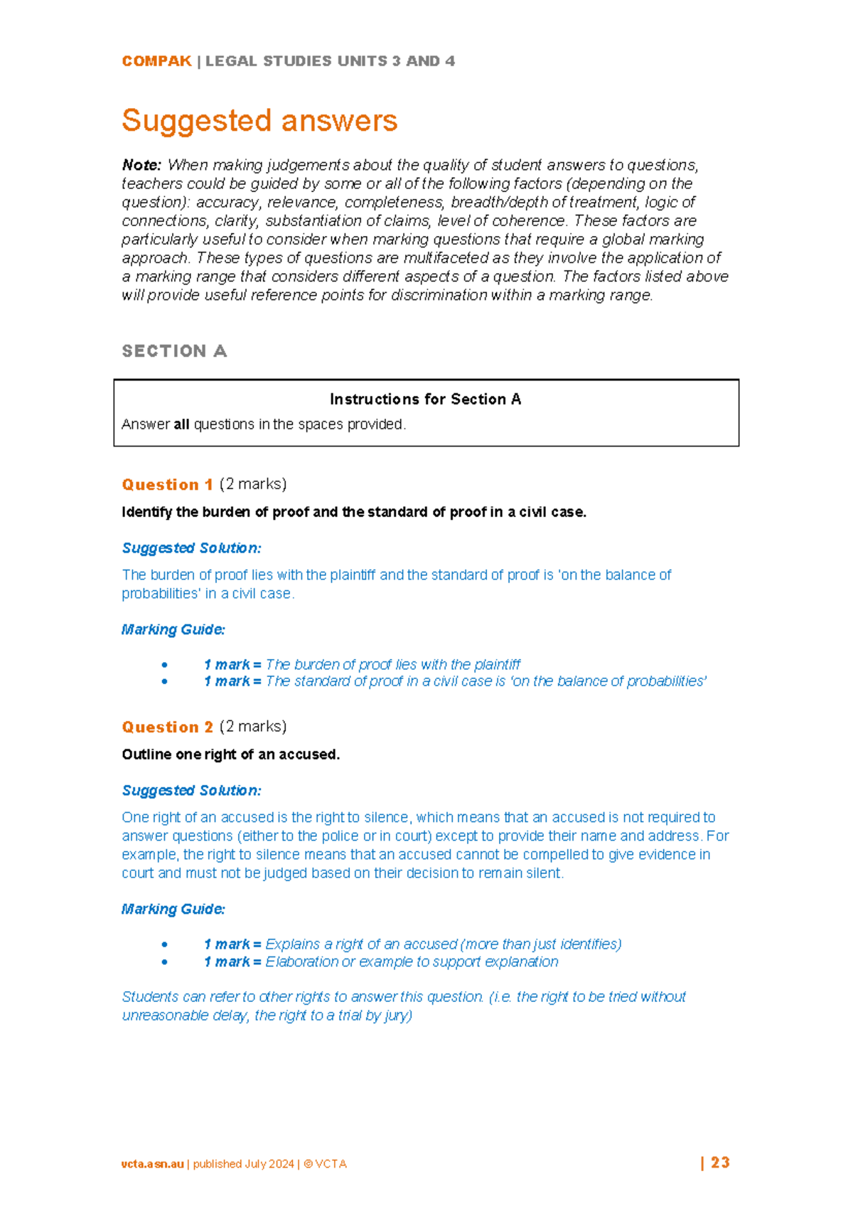 Compak Legal Studies 3&4 Exam Marking Guide and Suggested Answers - Studocu