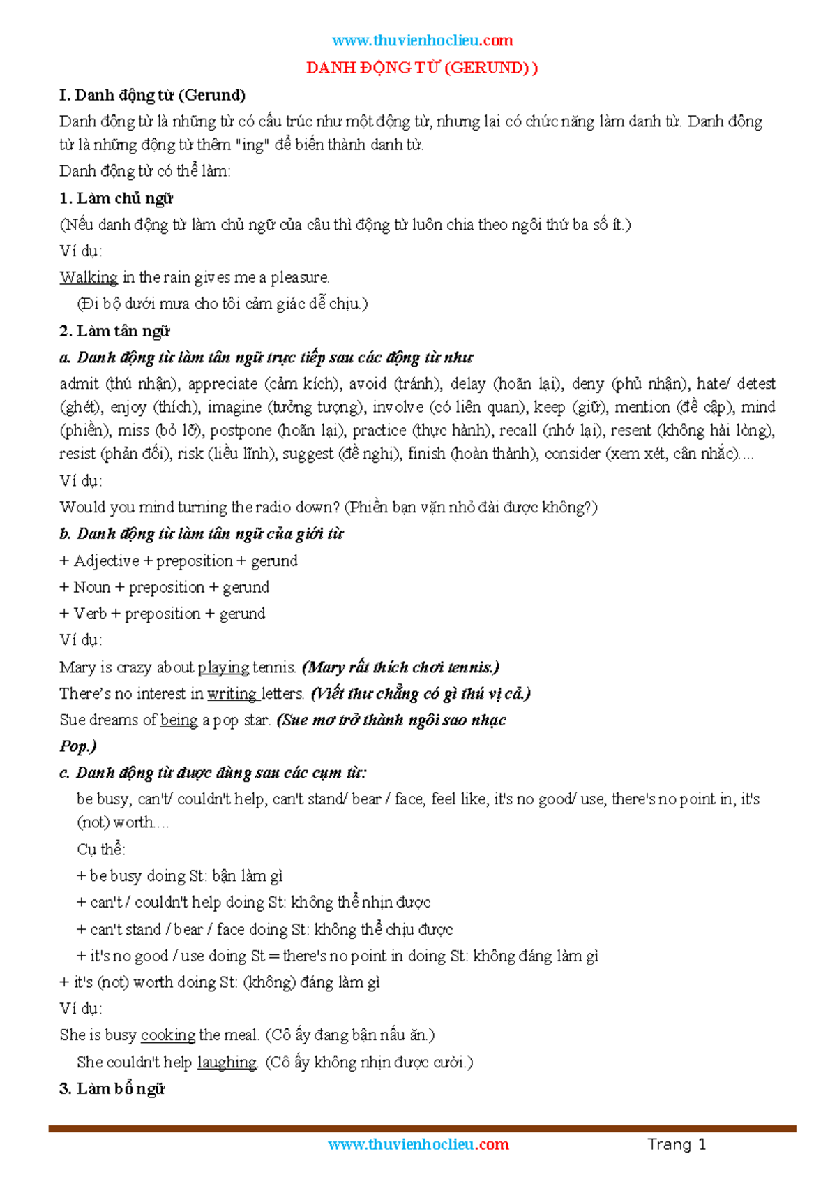 DANH ĐỘNG TỪ (GERUND) - TỔNG QUAN VÀ CÁC CÔNG DỤNG - Studocu