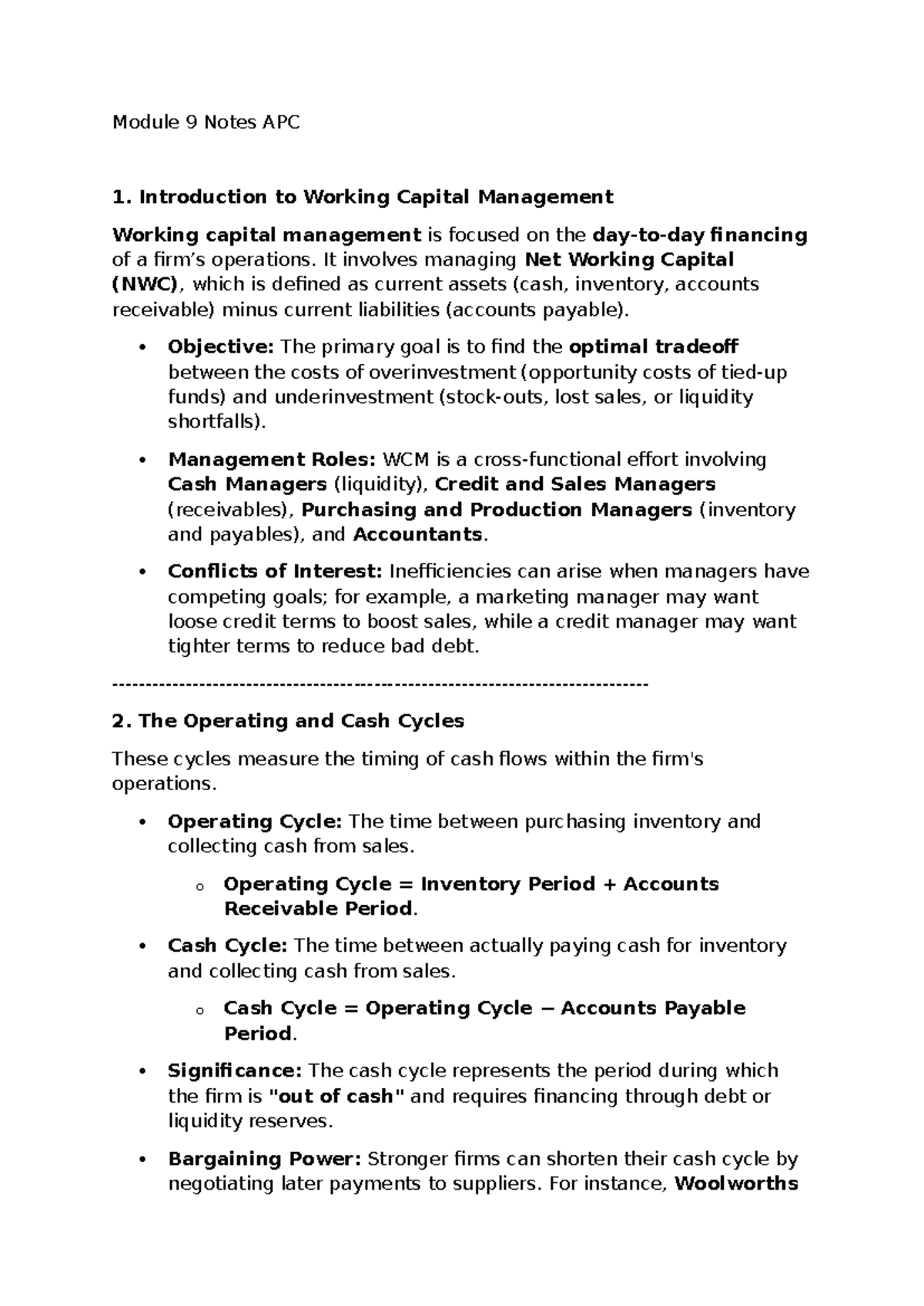 Module 9 Notes APC: Introduction to Working Capital Management - Studocu