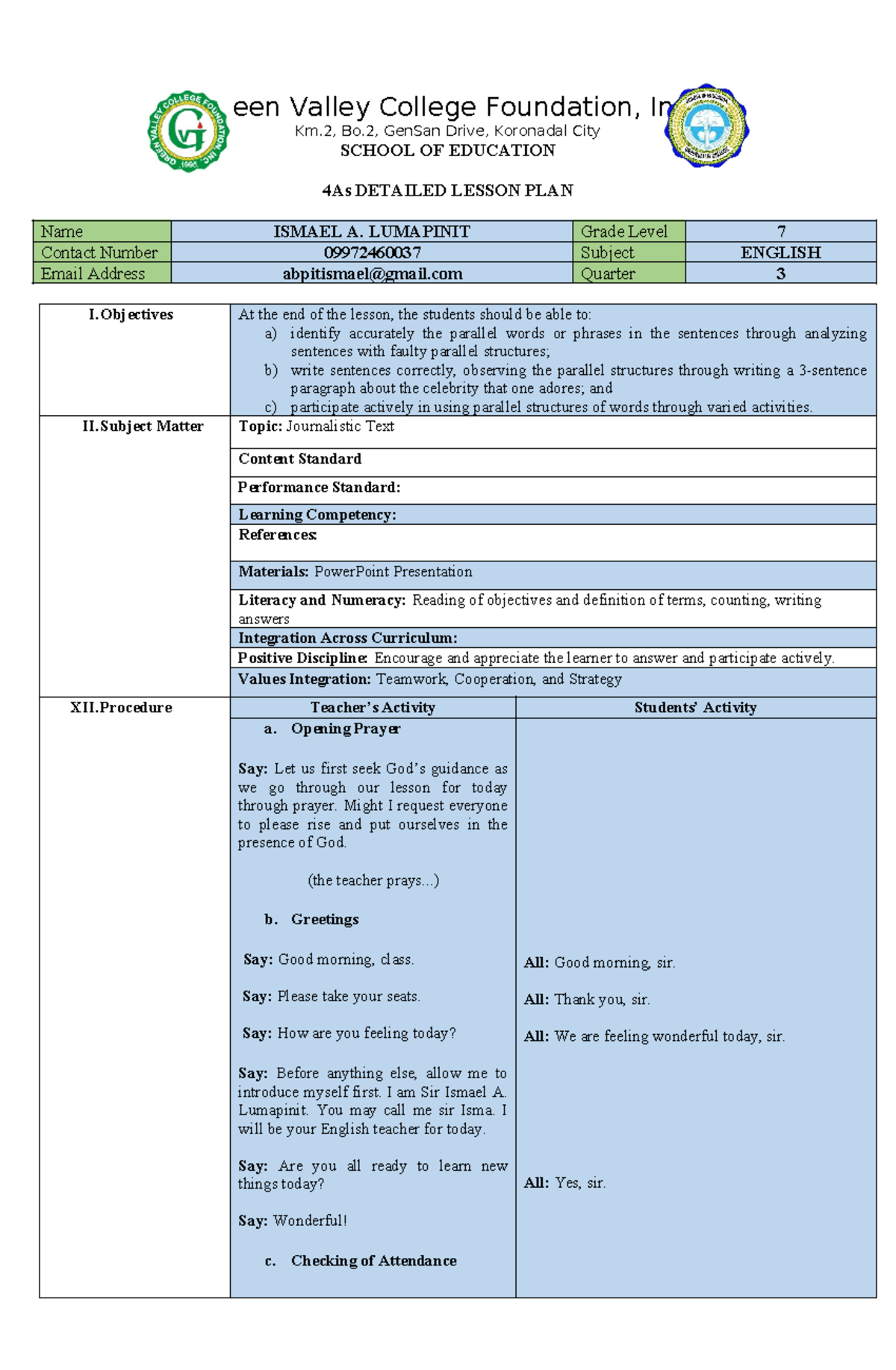 DLP ENGLISH Lesson Plan: Understanding Journalistic Text & Parallelism ...