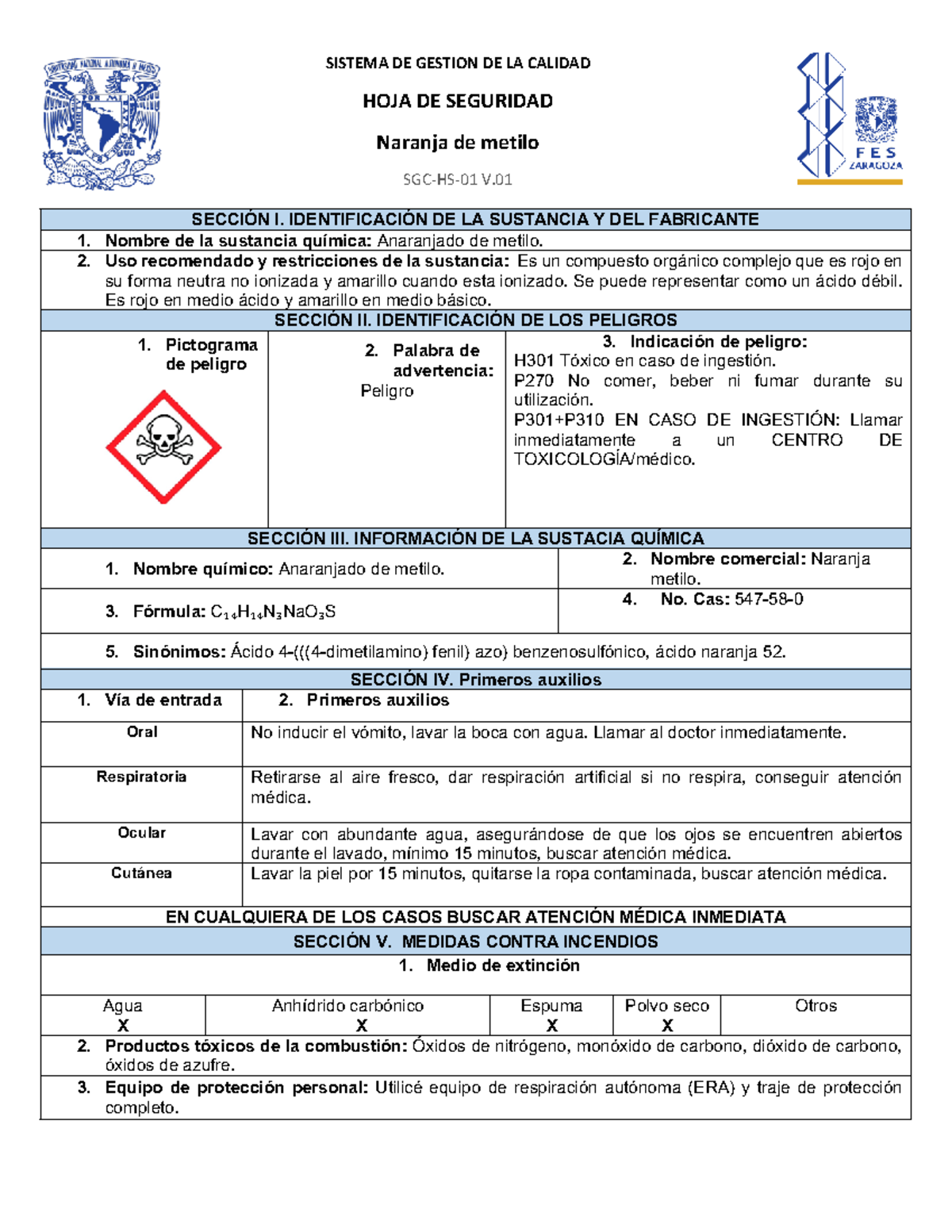 Hoja de Seguridad: Naranja de Metilo V.01 - Sistema de Gestión de ...
