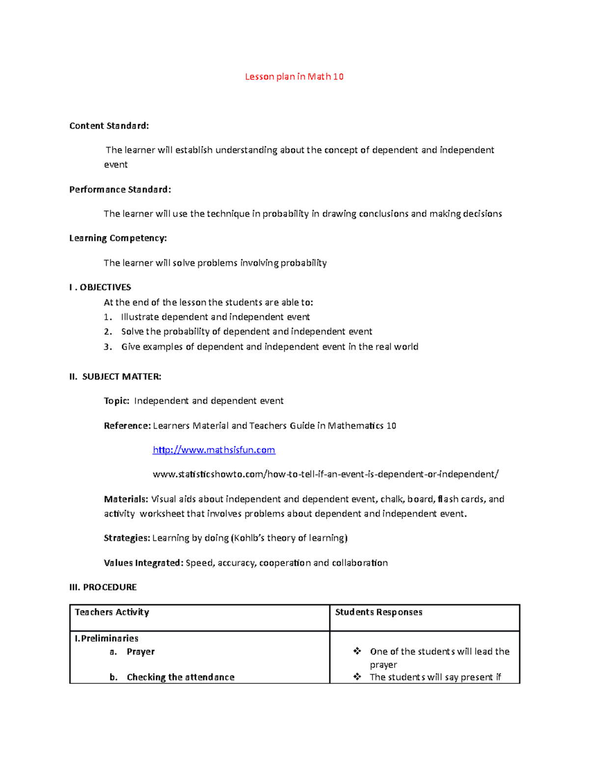 Lesson Plan for Math 10: Independent & Dependent Events Concepts - Studocu