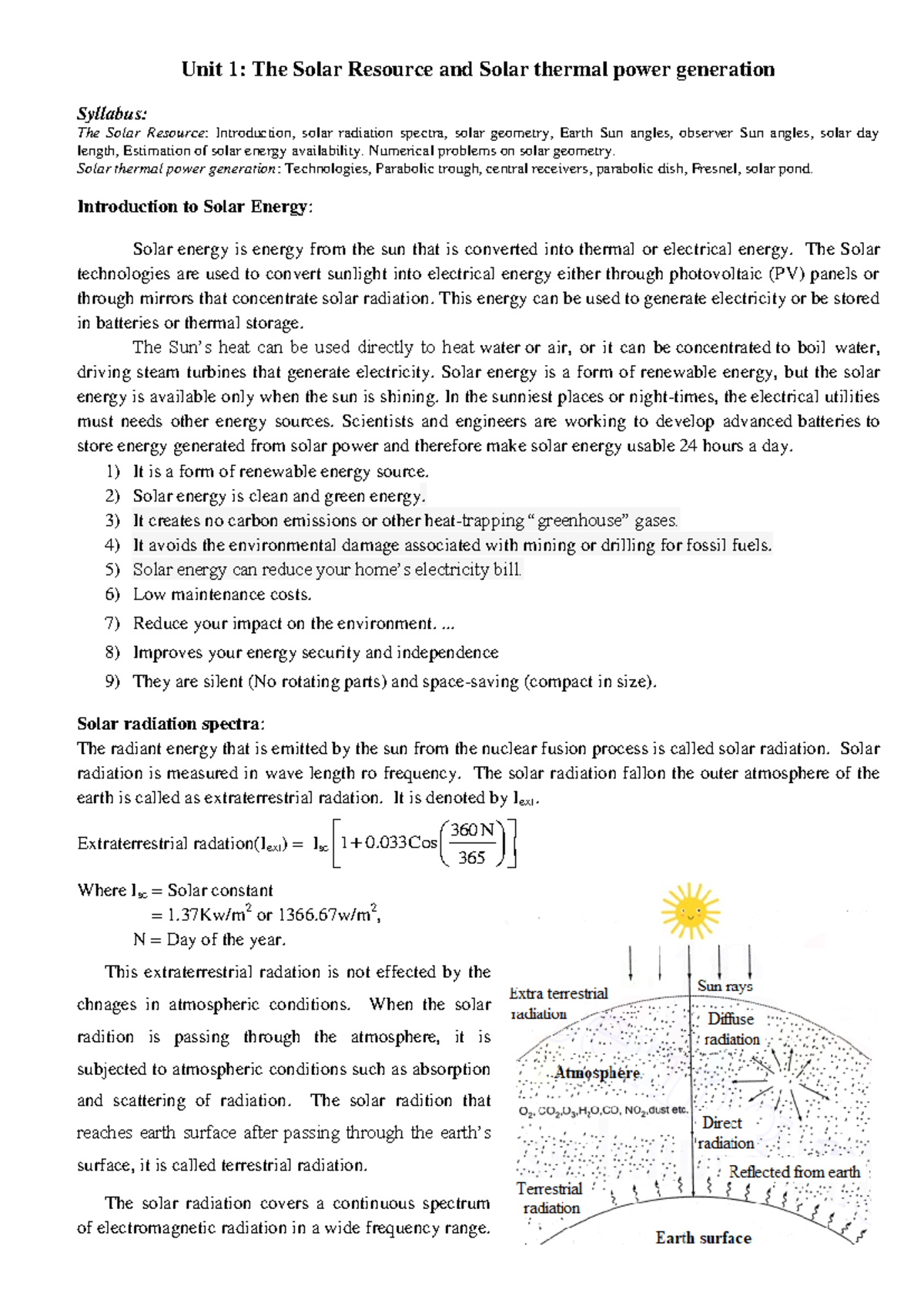 SWES 20A26DT Unit-I Assignment: Solar Resource & Thermal Power - Studocu