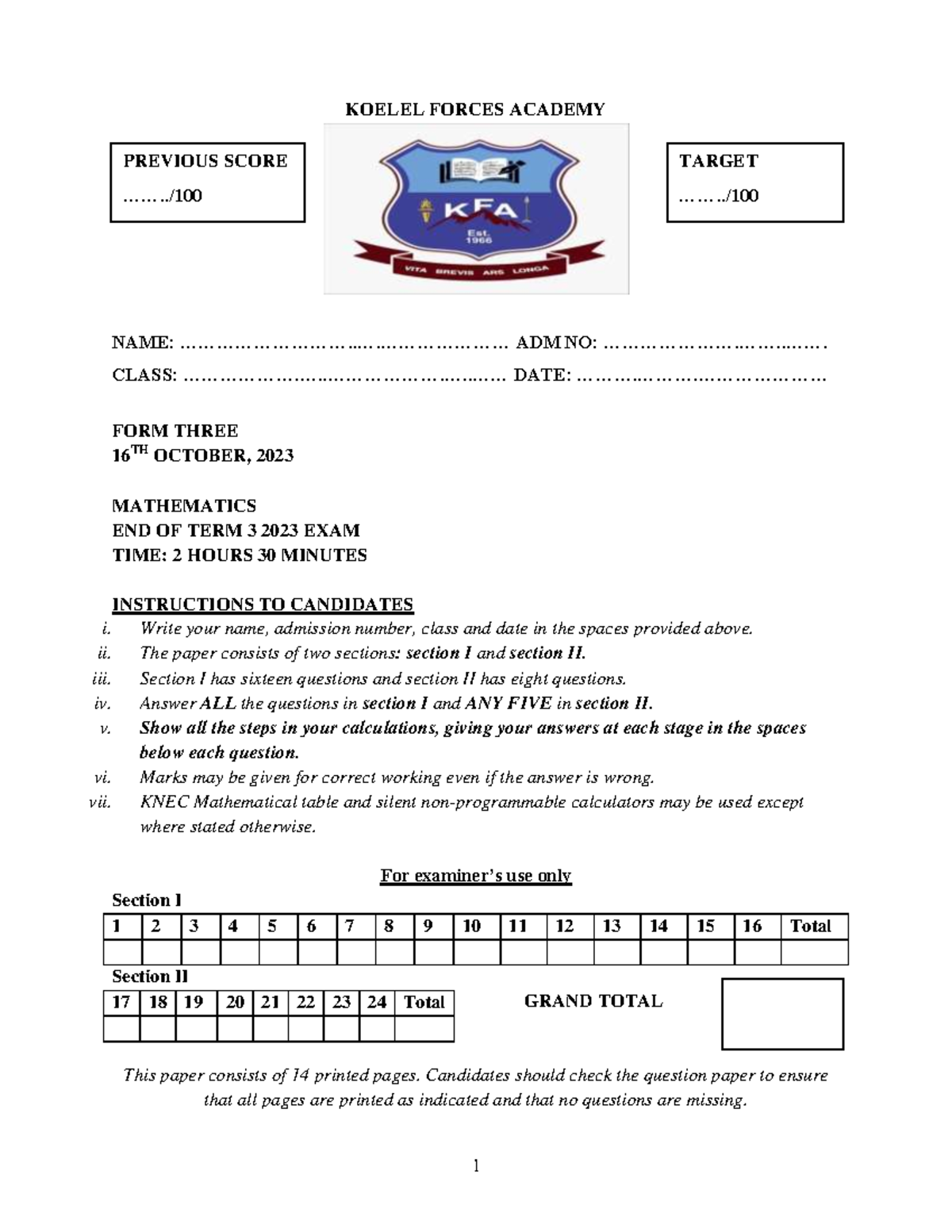END OF TERM 3 2023 FORM 3 MATHEMATICS EXAMINATION - Studocu