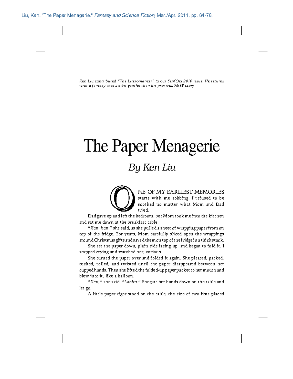 Ken Liu - The Paper Menagerie: A Fantasy Reflection on Identity - Studocu