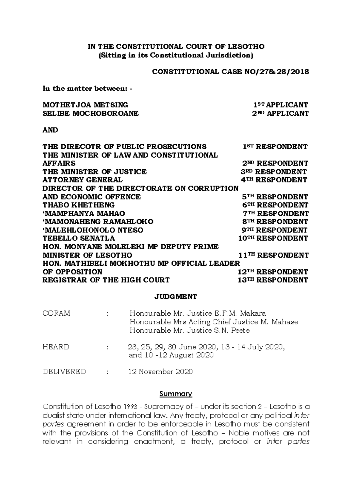 Metsing v DPP: Constitutional Case Analysis (2020 LSHC 46) - Studocu
