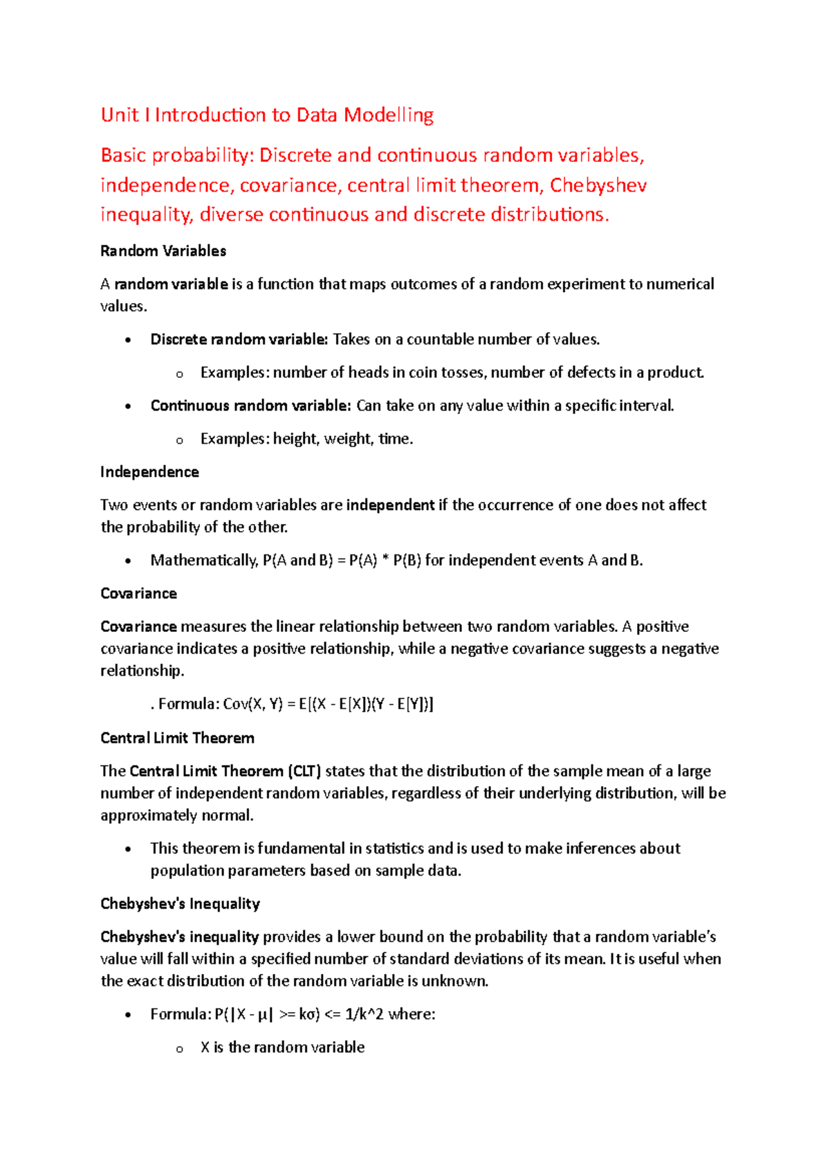 Unit I Final Exam Review: Data Modelling Concepts and Techniques - Studocu