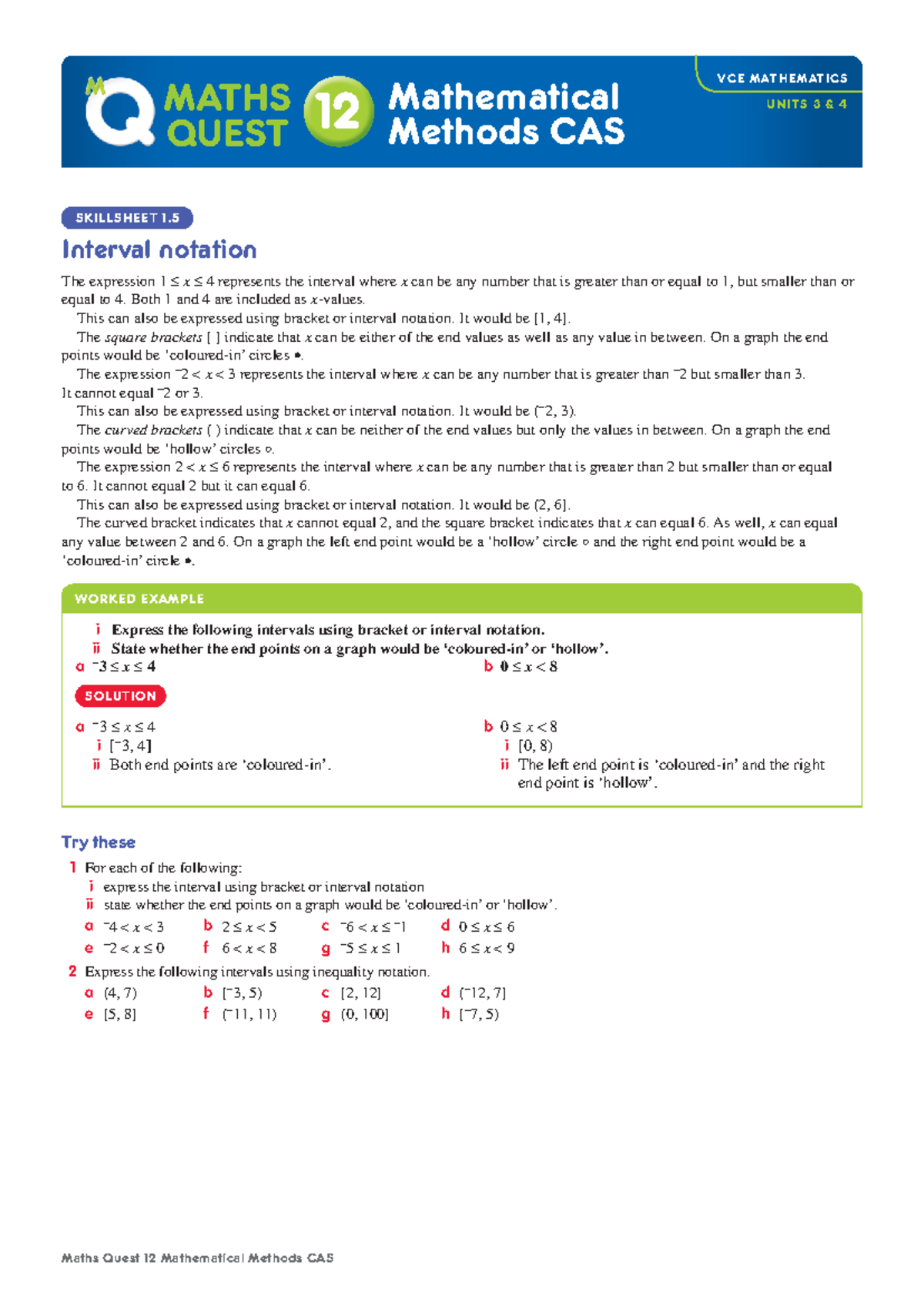 MATHS 12 Skill Sheet 1.5: Interval Notation & Graphing Techniques - Studocu