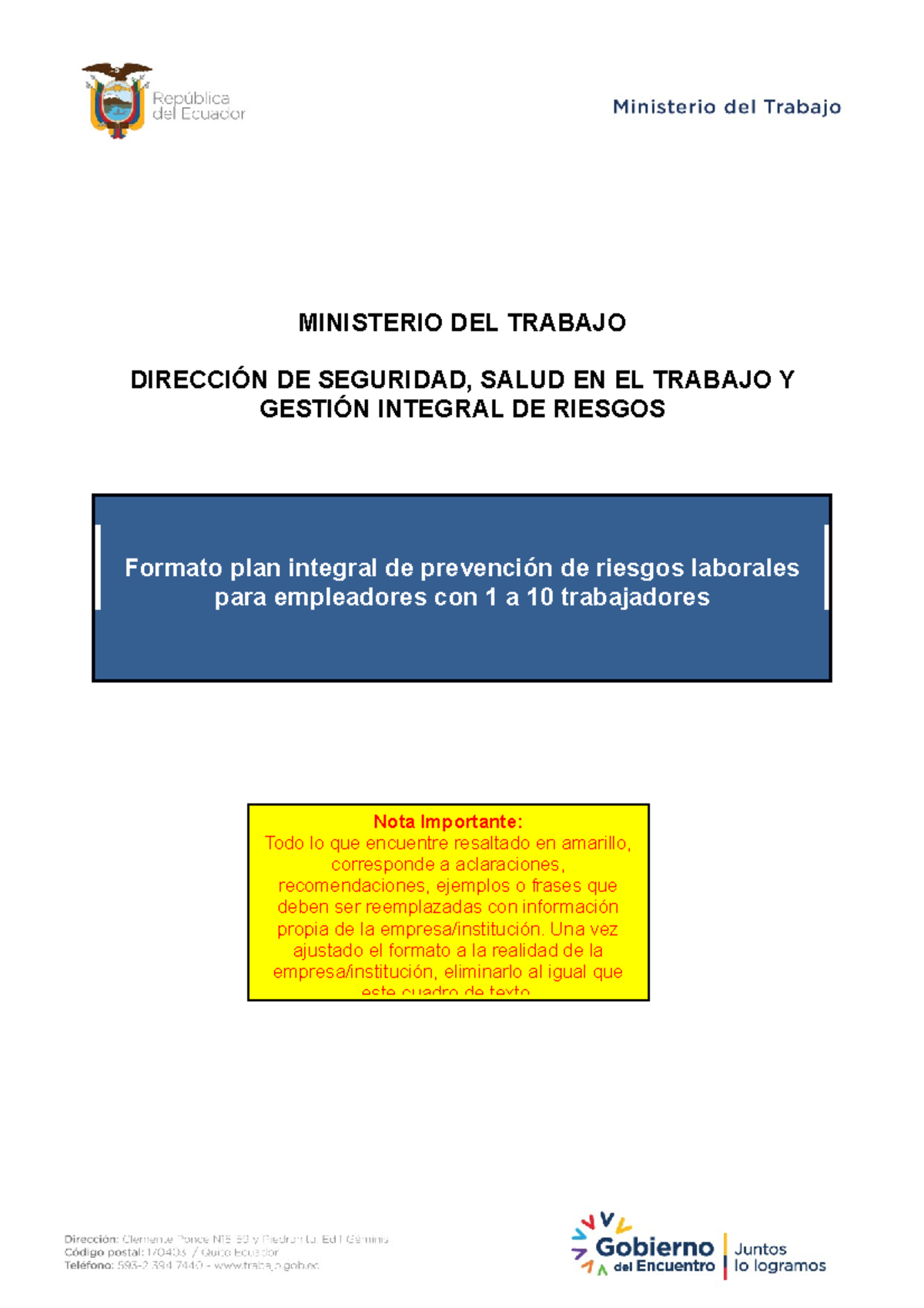 Formato PLAN Integral de Prevención de Riesgos Laborales para Pequeñas Empresas - Studocu