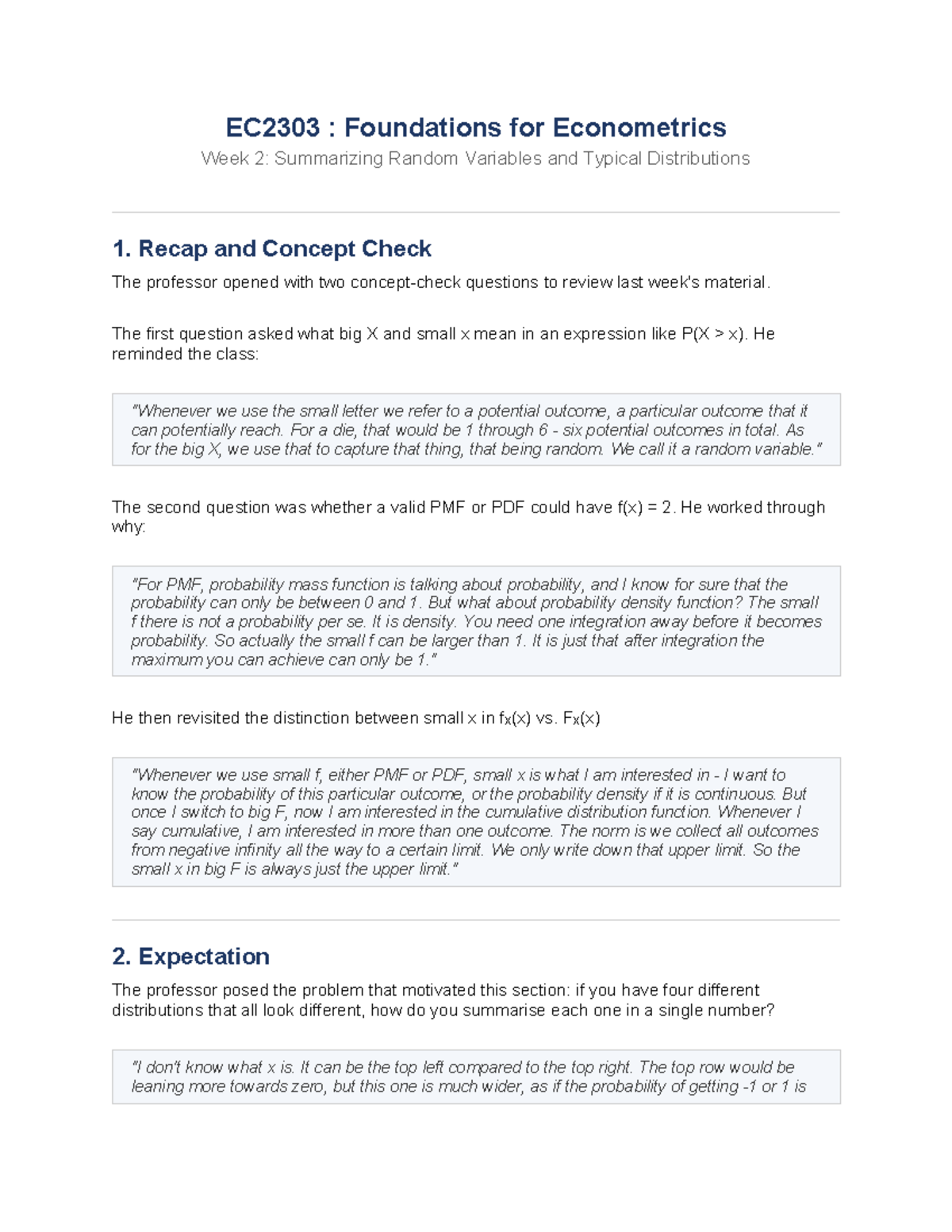 EC2303: Week 2 Notes on Random Variables & Distributions - Studocu