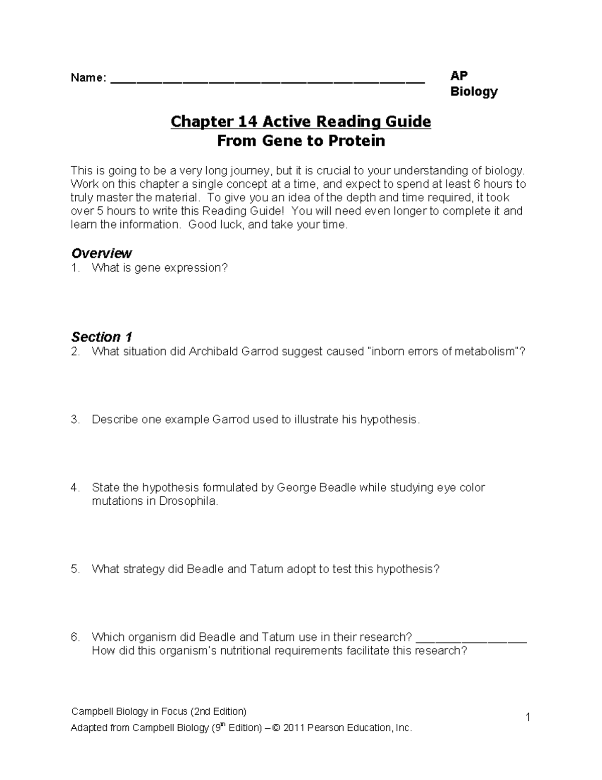 Chapter 14 Active Reading Guide - Name: AP AP Biology Mr. Croft Biology ...