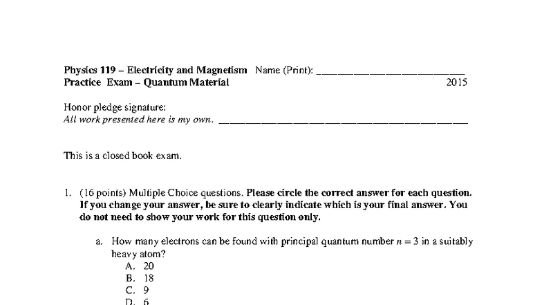 Physics 119: Practice Exam on Electricity & Magnetism (2015) - Studocu