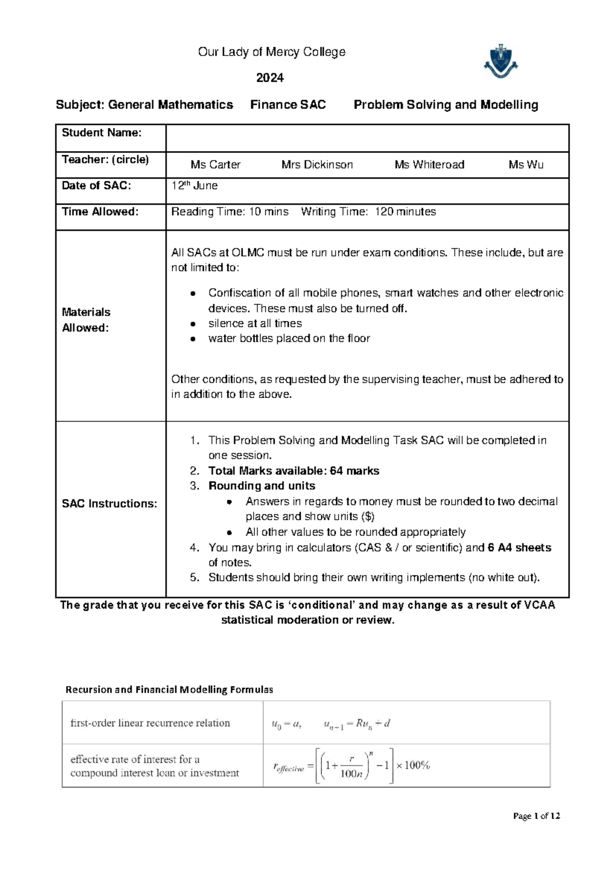 2024 General Mathematics Finance SAC: Problem Solving & Modelling - Studocu