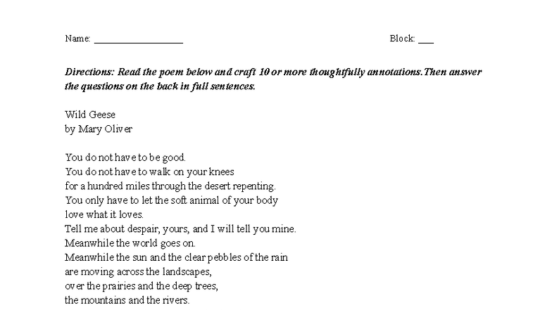 ENG 101: Annotations and Analysis of "Wild Geese" by Mary Oliver - Studocu