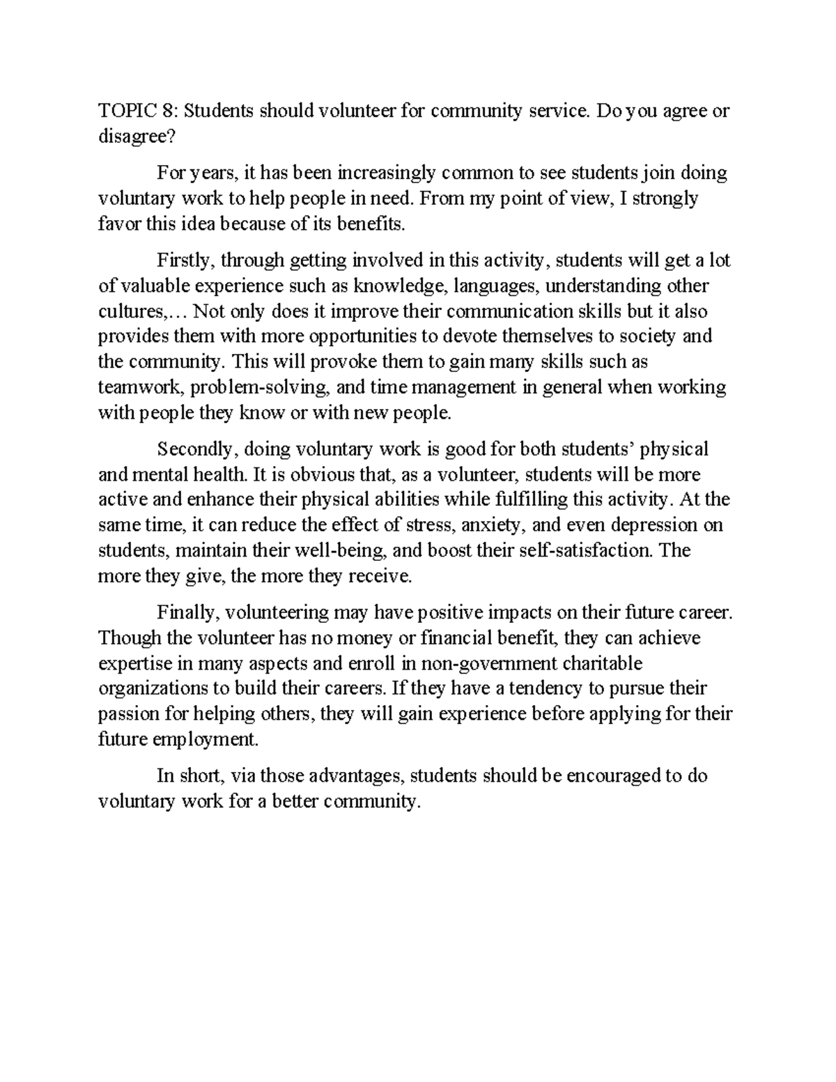 Topic 8 - The Importance of Student Volunteering for Community Service ...