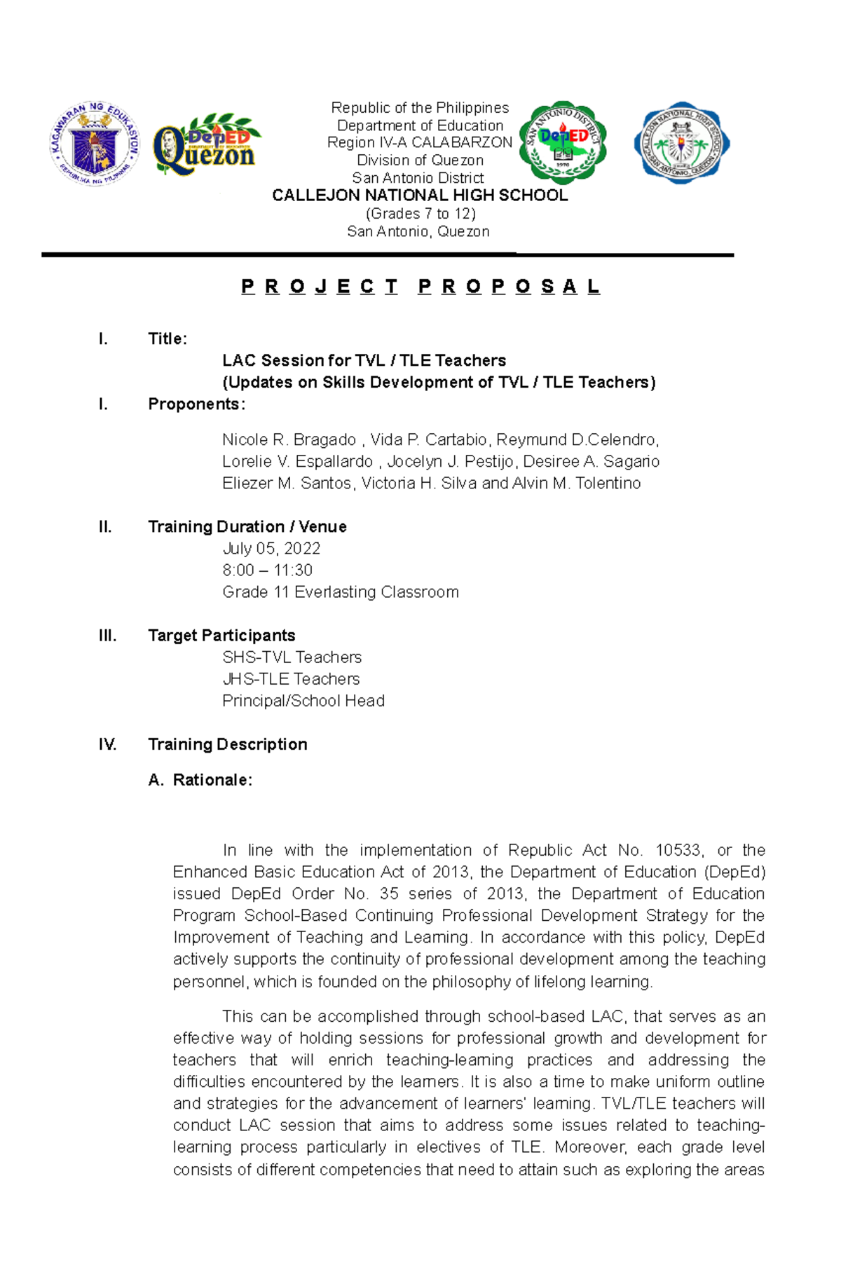LAC Proposal TLE 2021 2022 - Republic of the Philippines Department of Education Region IV-A ...