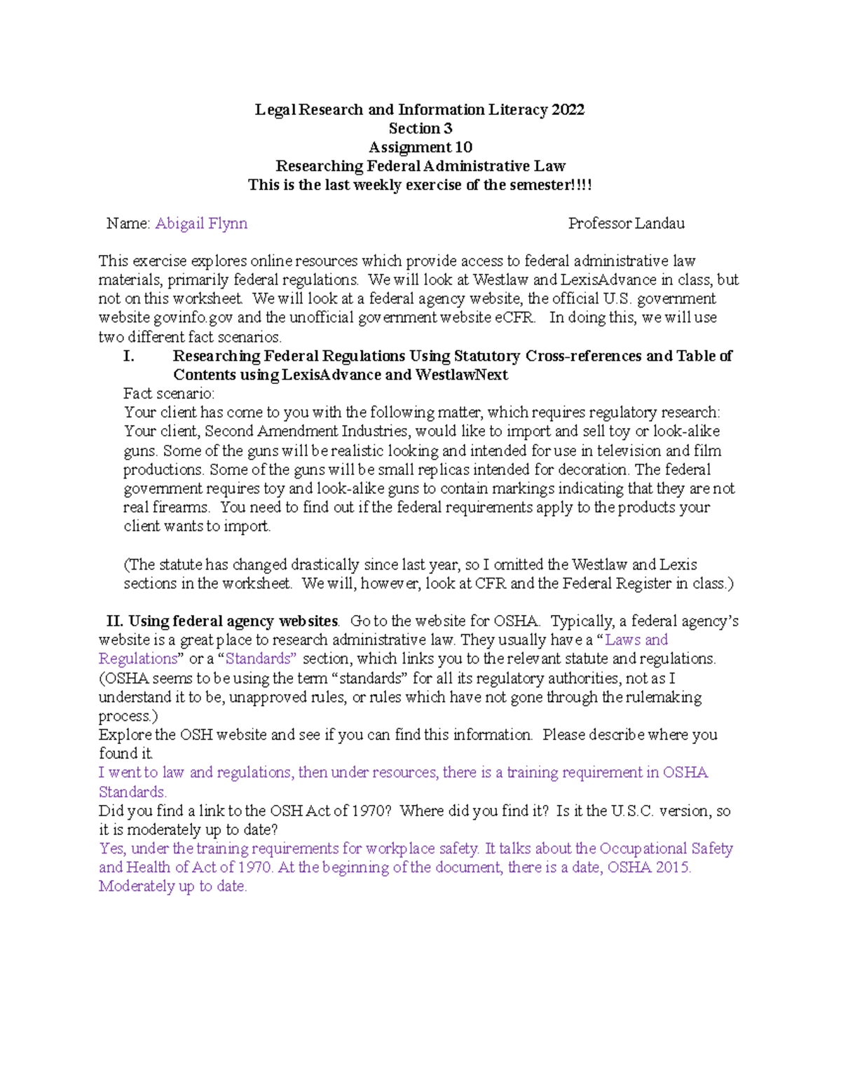 Legal Research and Information Literacy 2022 - Assignment 10: Federal ...
