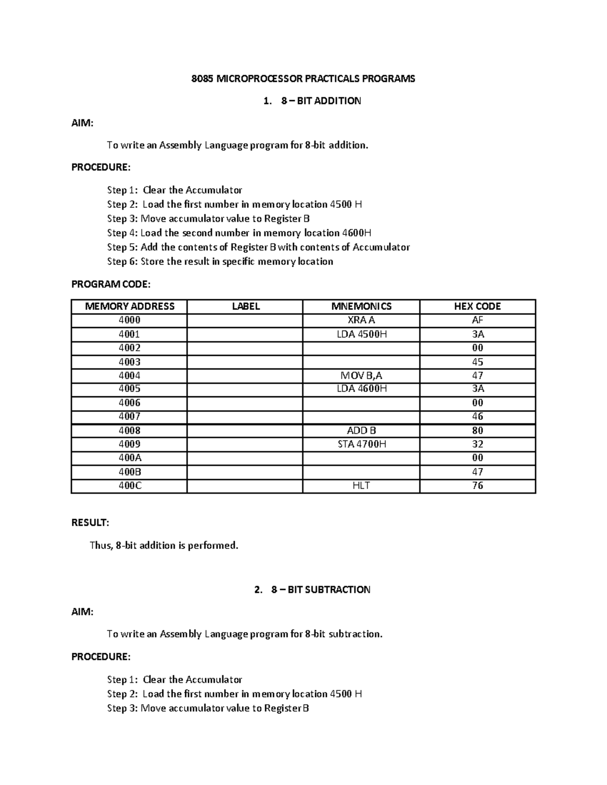 8085 Microprocessor Practical Programs: Addition & Subtraction - Studocu
