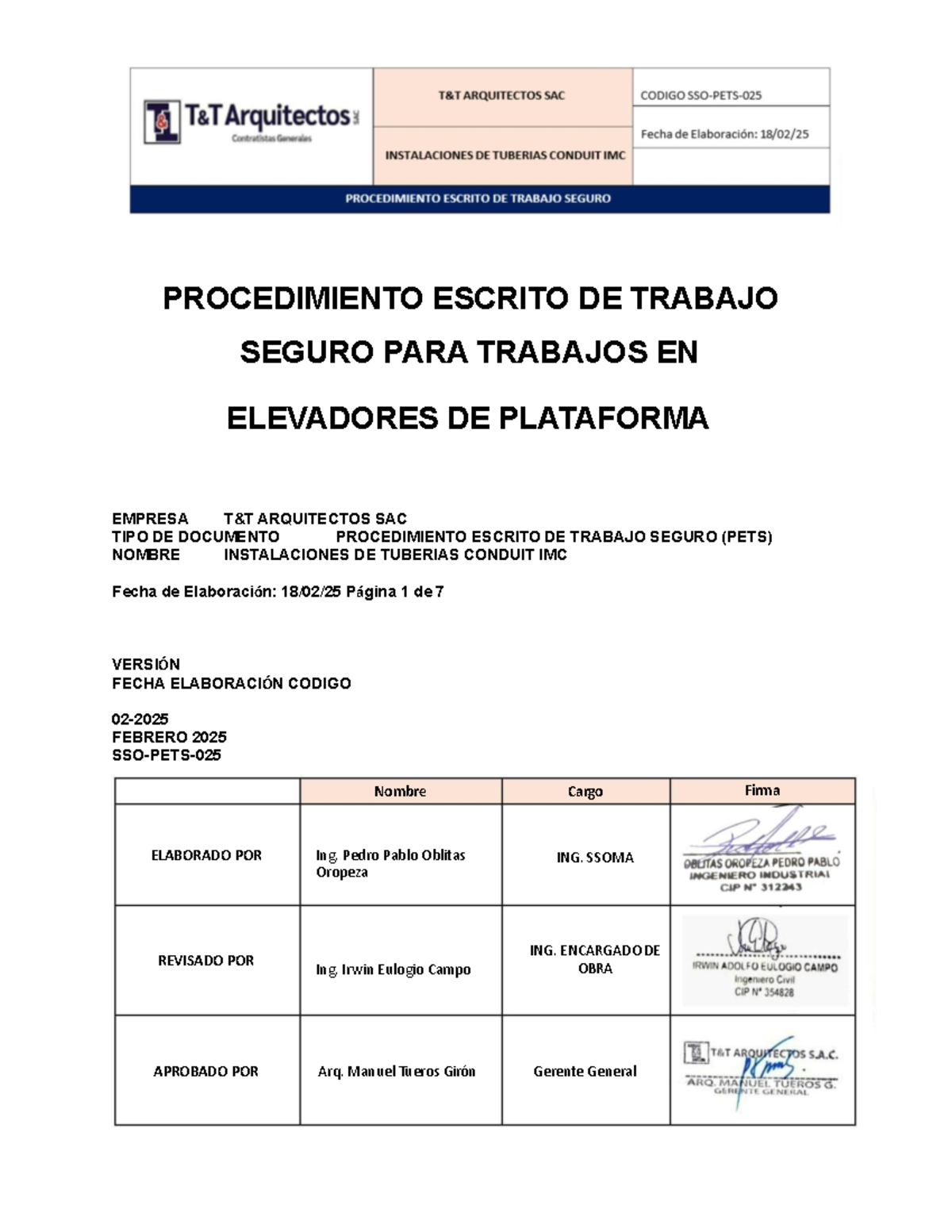 SSO-PETS-025 Procedimiento Seguro para Uso de Elevadores de Plataforma - Studocu
