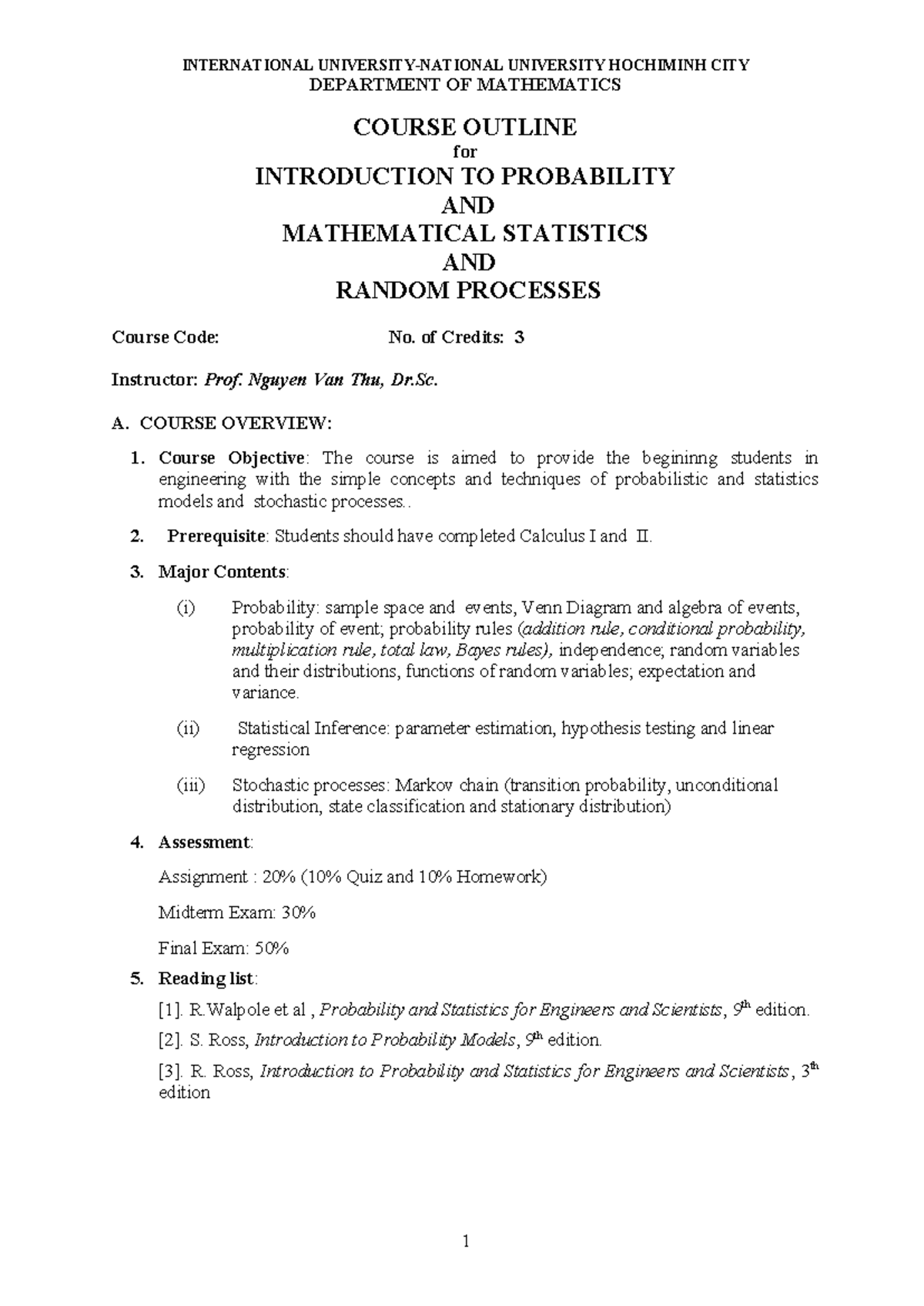 Course Outline MA026IU: Intro to Probability & Stats - Studocu