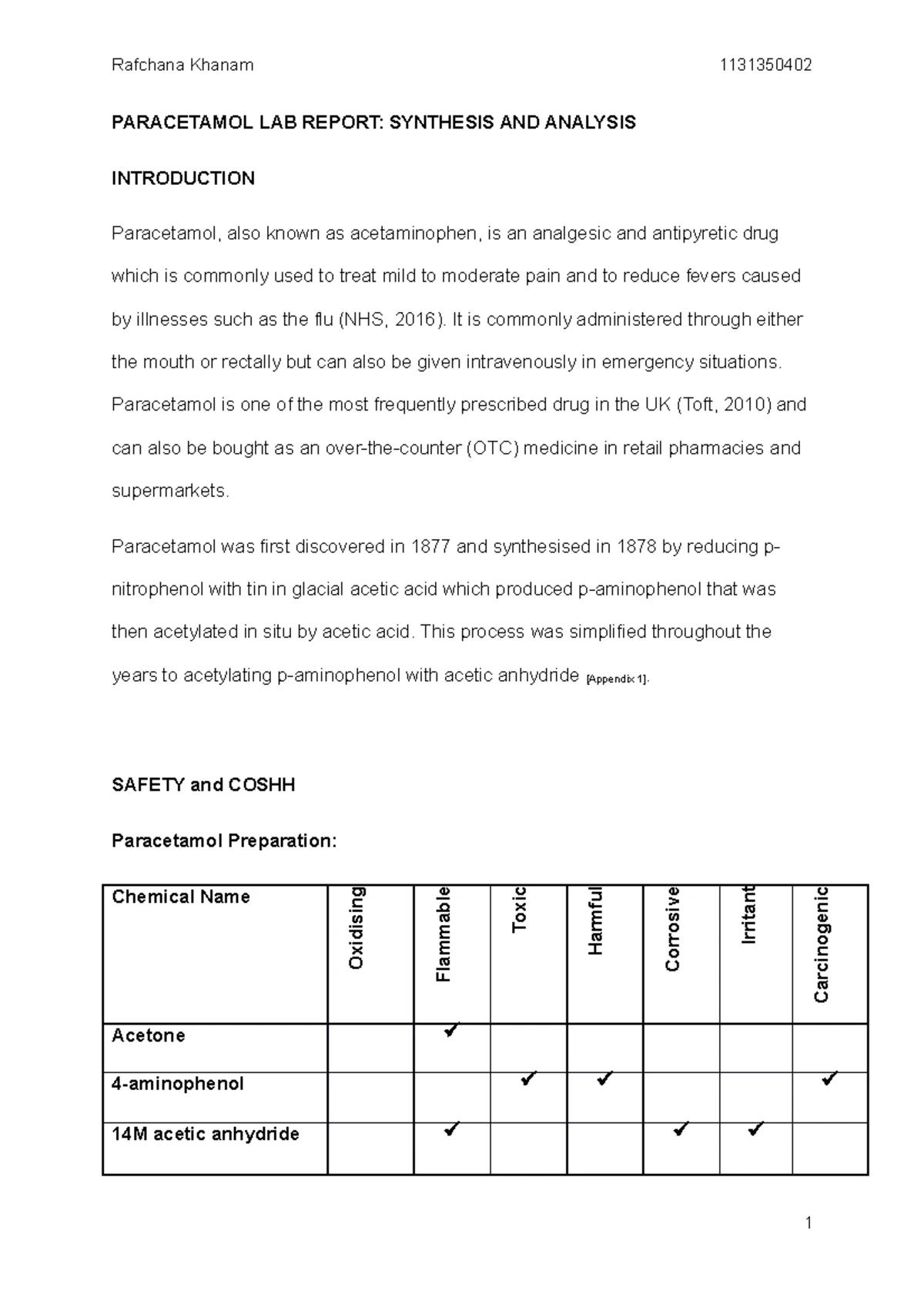 Paracetamol LAB Report - PARACETAMOL LAB REPORT: SYNTHESIS AND ANALYSIS ...