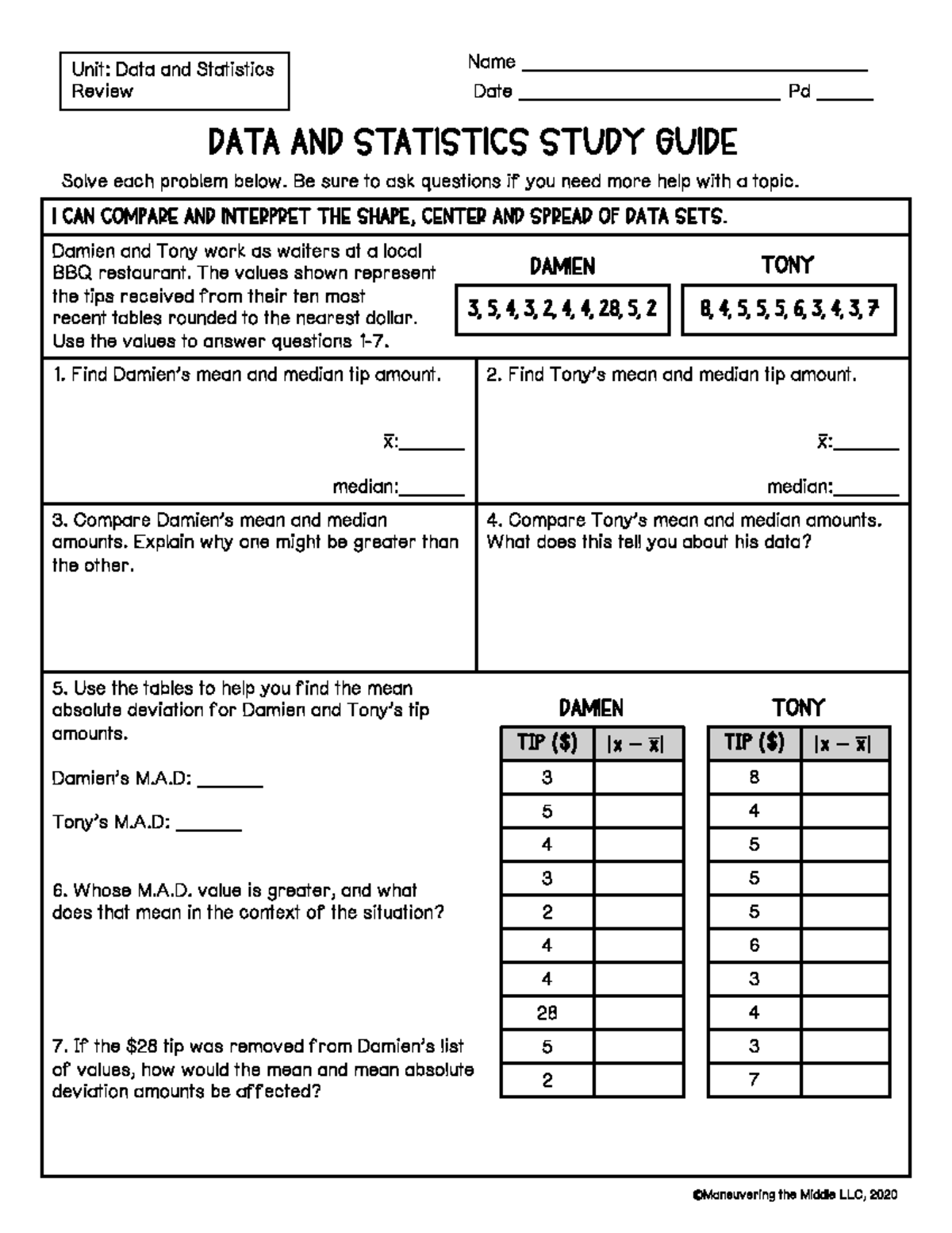 DATA & STATS Study Guide Part 1: Comparing Shapes, Centers & Spread ...