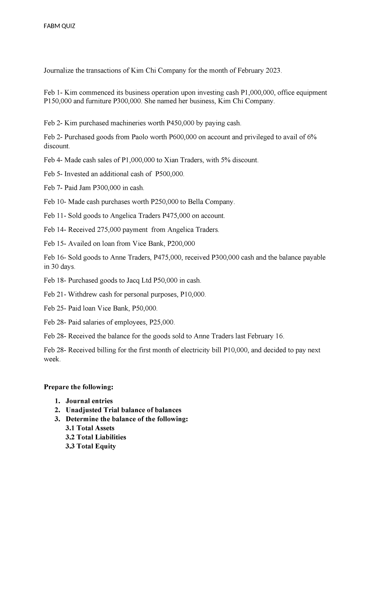 FABM QUIZ: Journal Entries & Trial Balance for Kim Chi Co. - Feb '23 ...