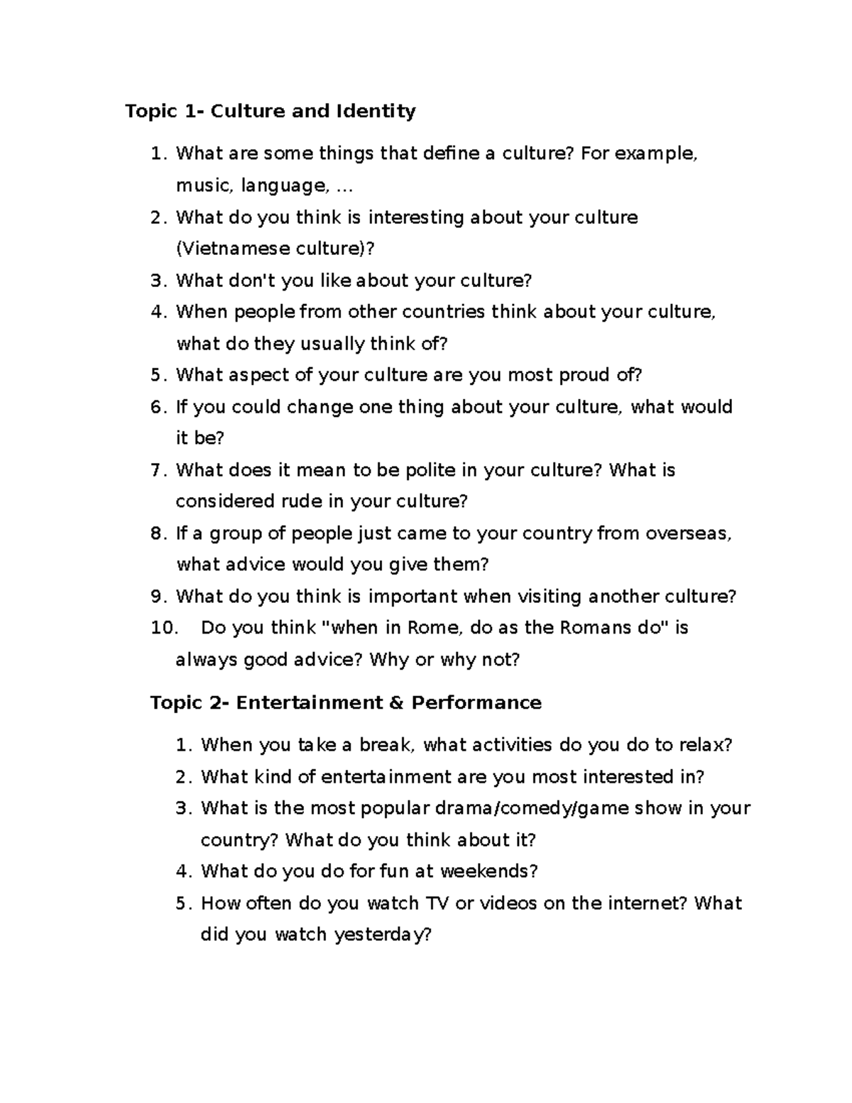 Speaking Topics: Culture, Entertainment, Water, and Jobs - TANC4 - Studocu