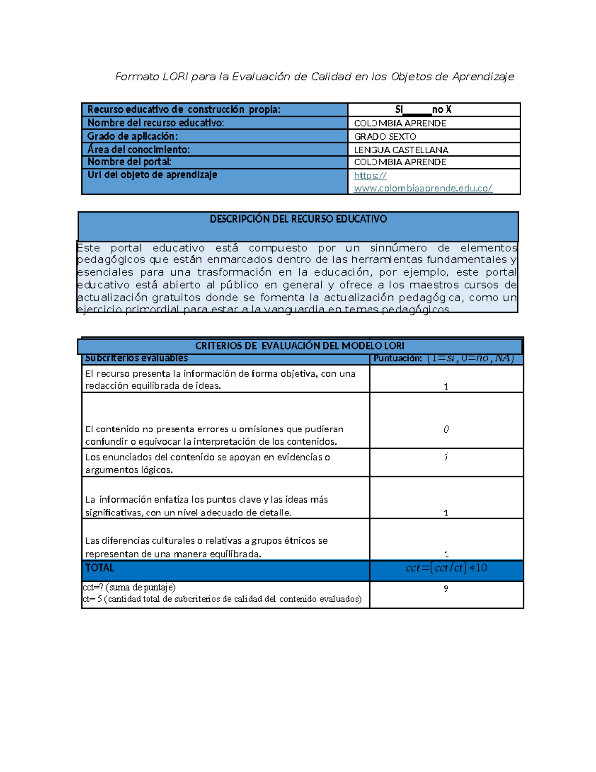 Formato LORI para la Evaluación de Calidad en Recursos Educativos - Studocu