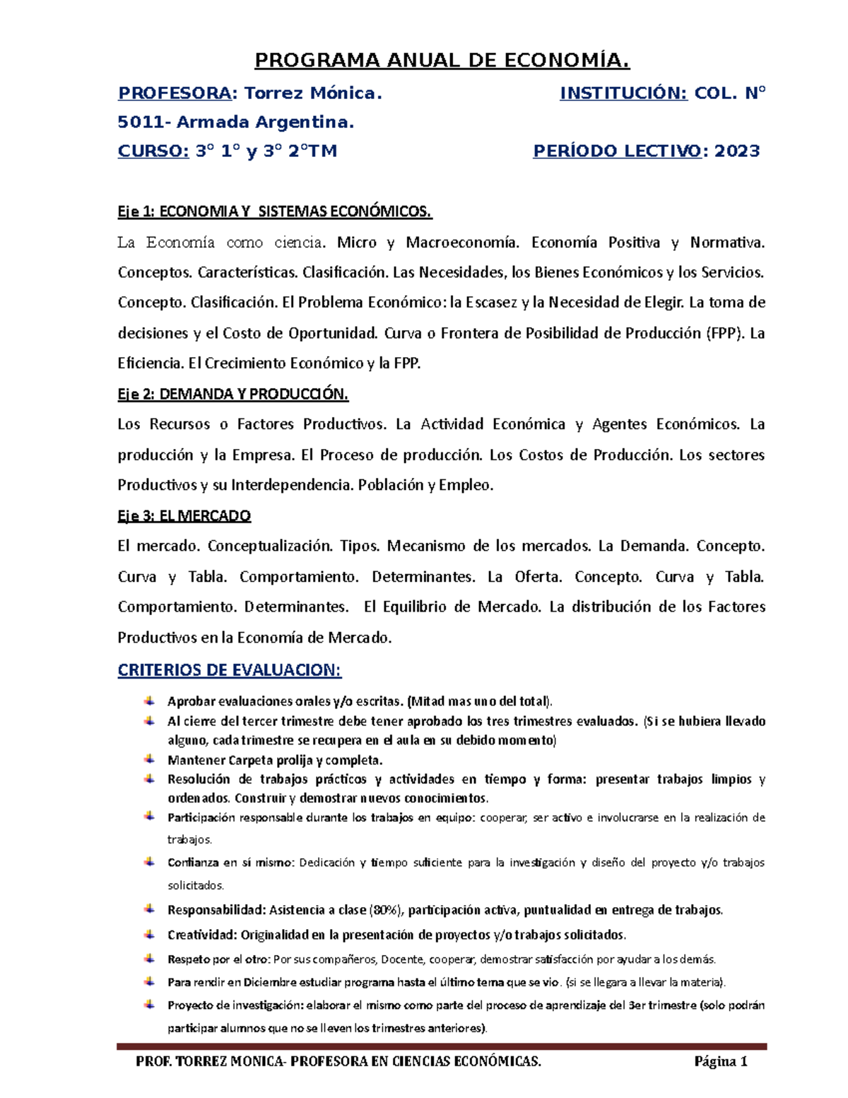 Programa Economia 3ER AÑO - PROGRAMA ANUAL DE ECONOMÍA. PROFESORA ...