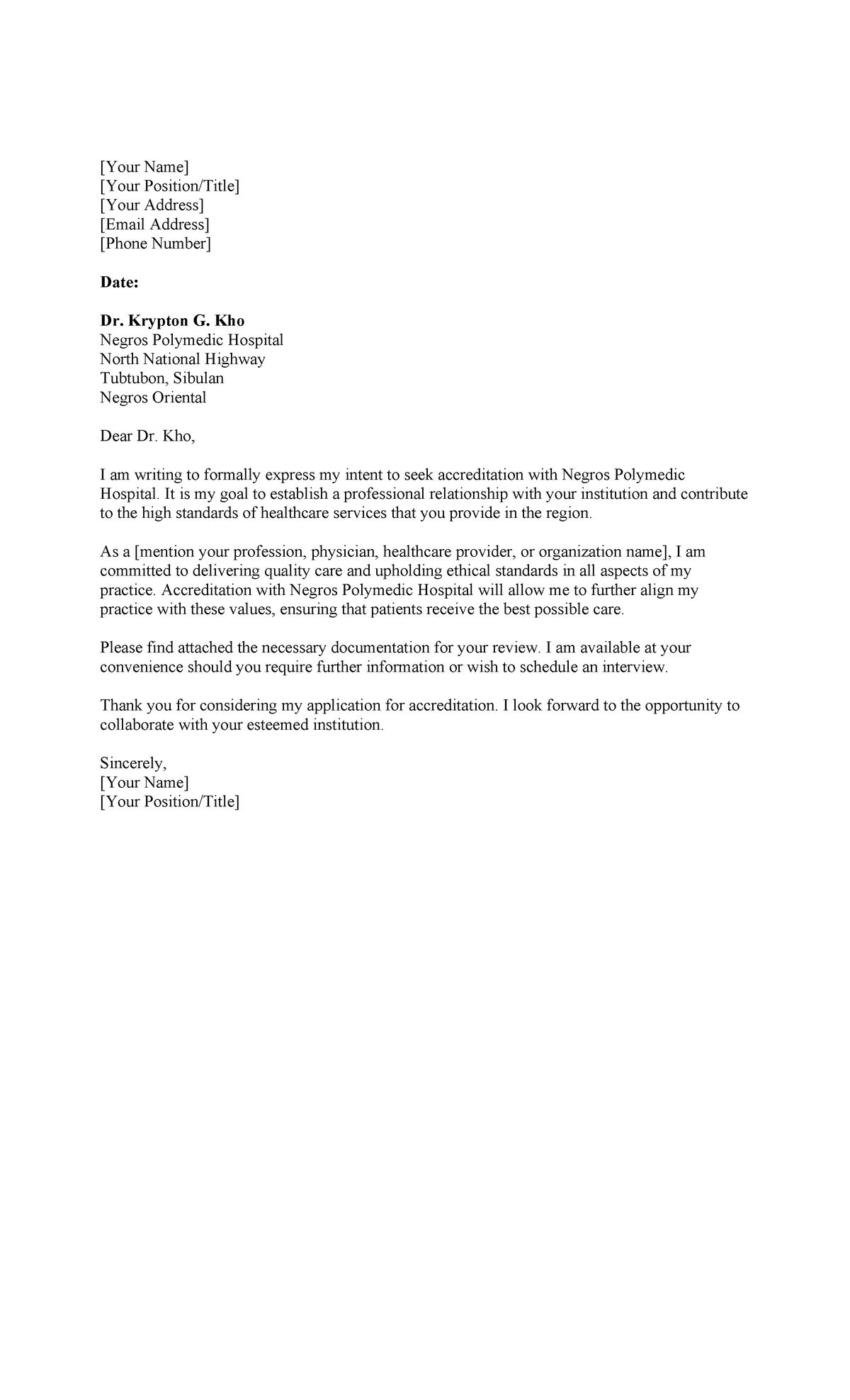 Accreditation Letter Sample for Healthcare Provider Application - Studocu