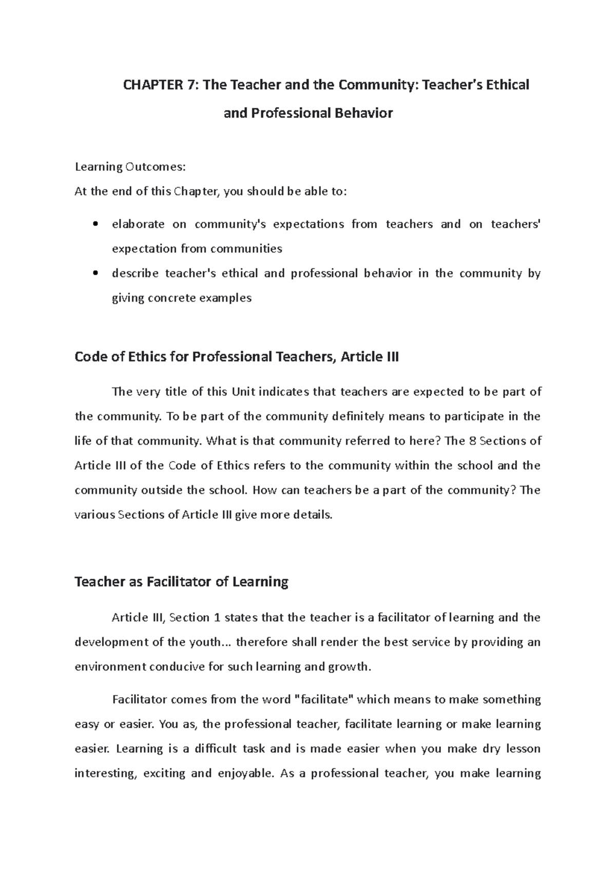 PROFED 602 CHAPTER 7: Community Involvement & Teacher Ethics - Studocu